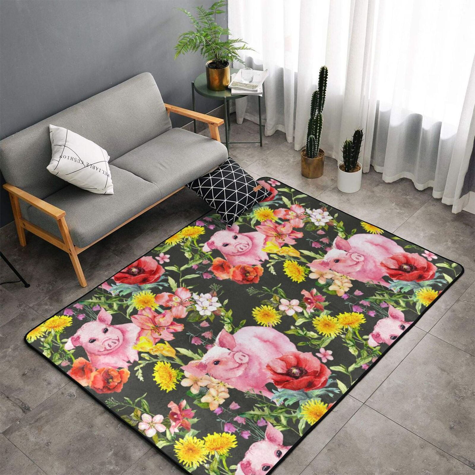 Soft Indoor Outdoor Rug Cute Pigs Sunflower Washable Rugs for Living ...