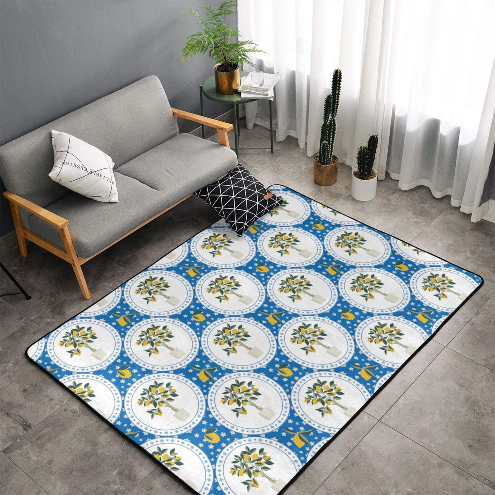 Soft Indoor Outdoor Rug Lemon tree lemons blue Italian style Washable ...