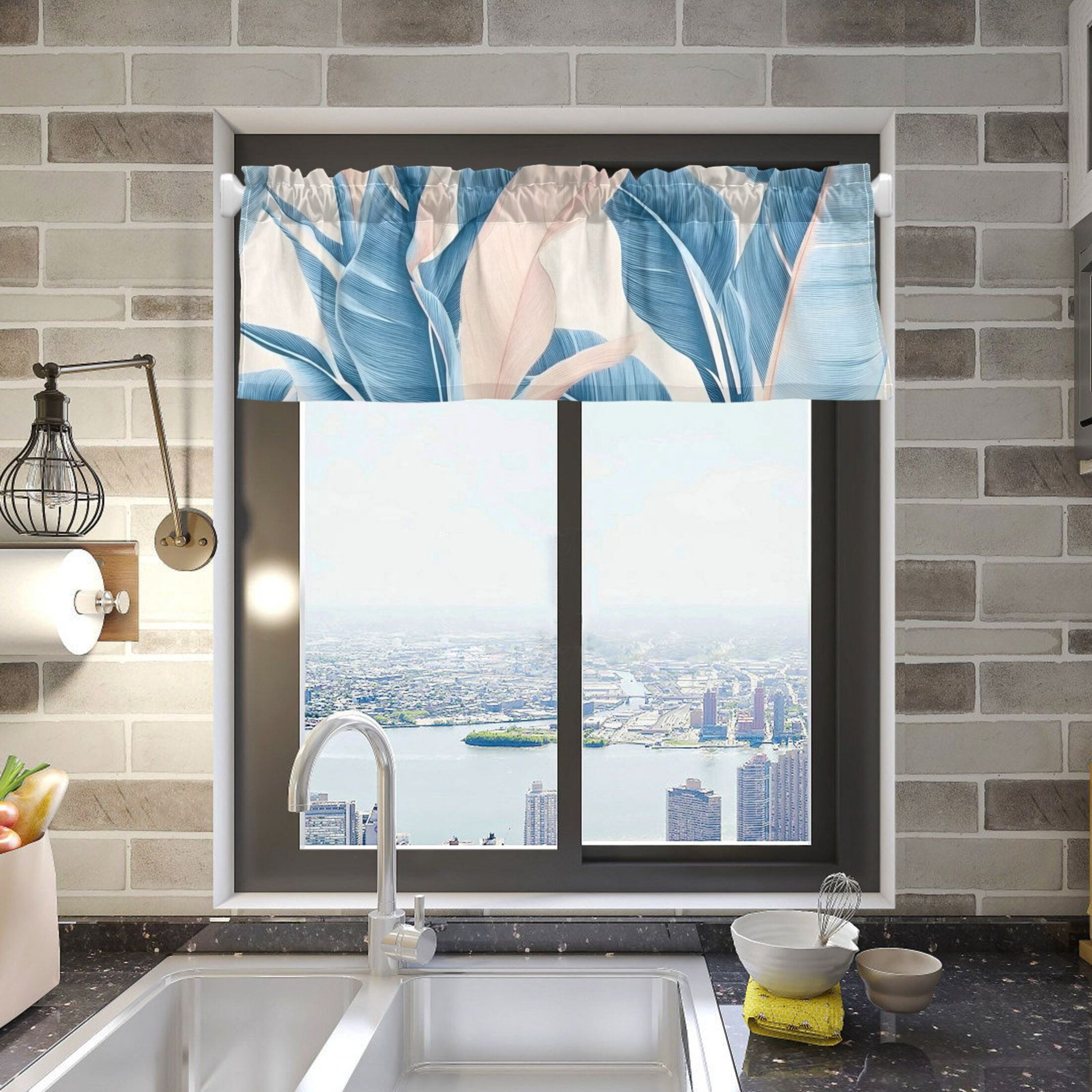Soft Light Blue Palm Leaf Curtain Valances for Windows Kitchen Living ...