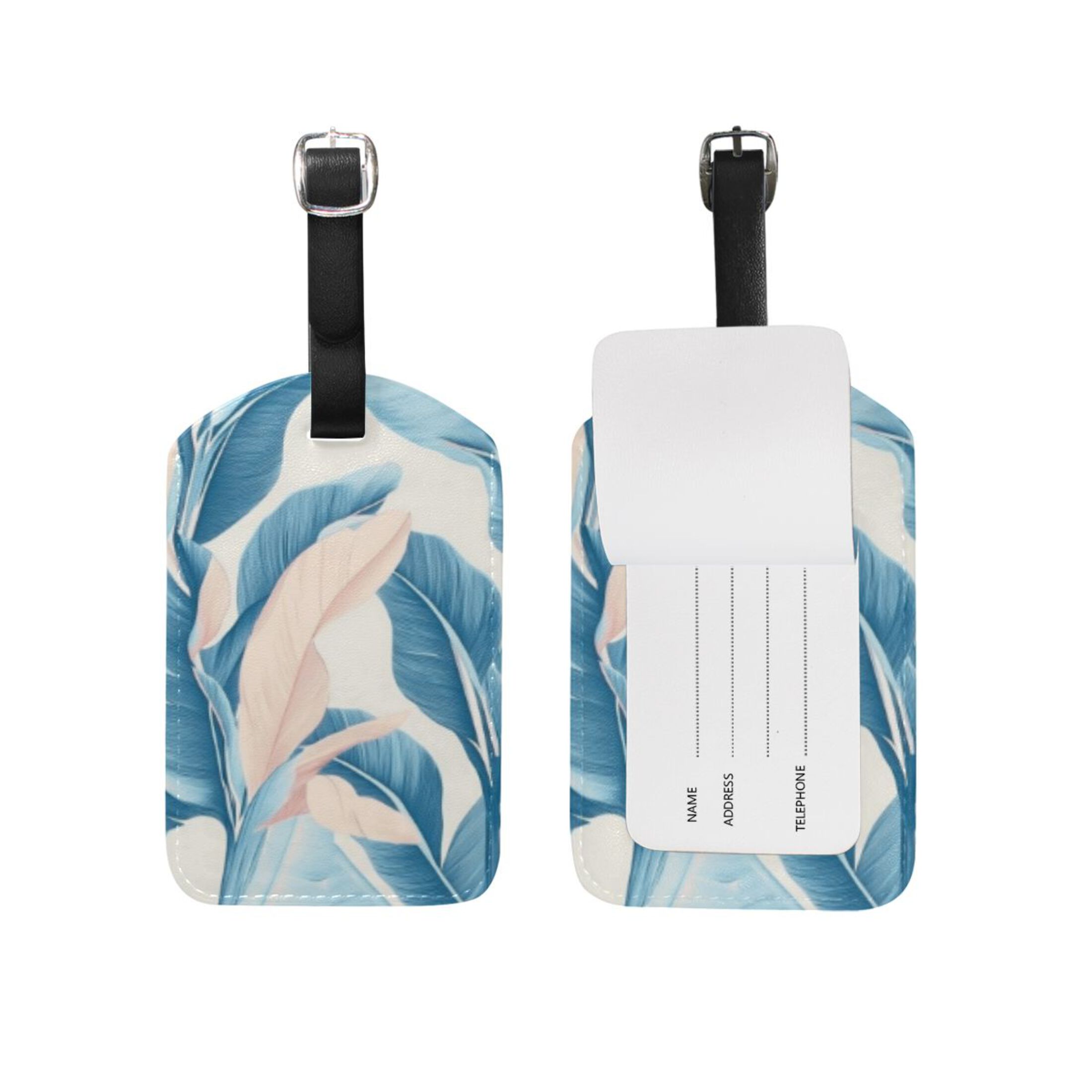 Soft Light Blue Palm Leaf Luggage Tags PU Leather Name ID Labels for ...