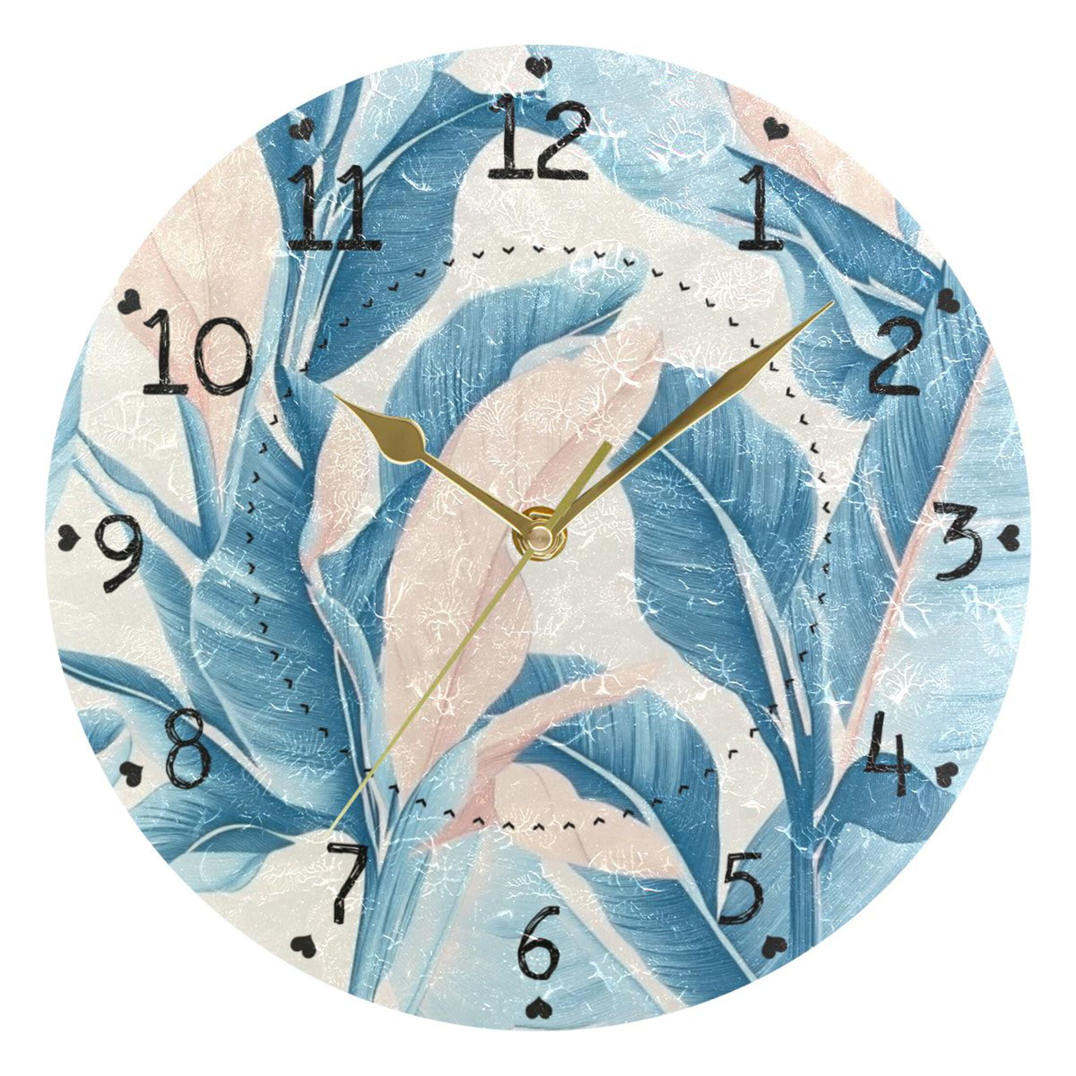 Soft Light Blue Palm Leaf Round Wall Clock Silent Battery Operated Home ...