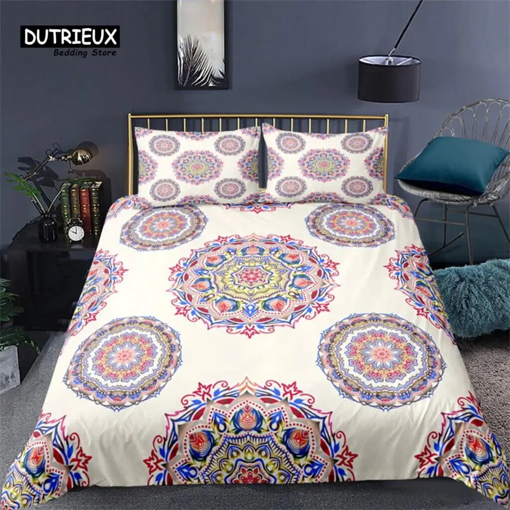 Soft Mandala Blue Duvet Cover Set Bohemian Geometric Golden Lucky Hand