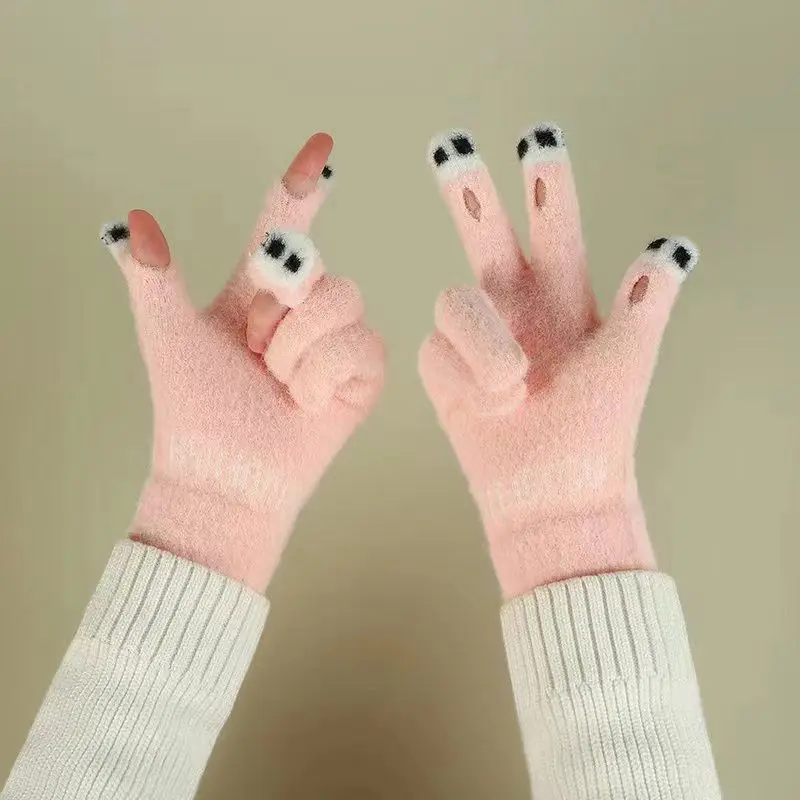 Soft Mink Gloves Cat Claw Fingerless Flip Mittens Winter Warm Wool ...
