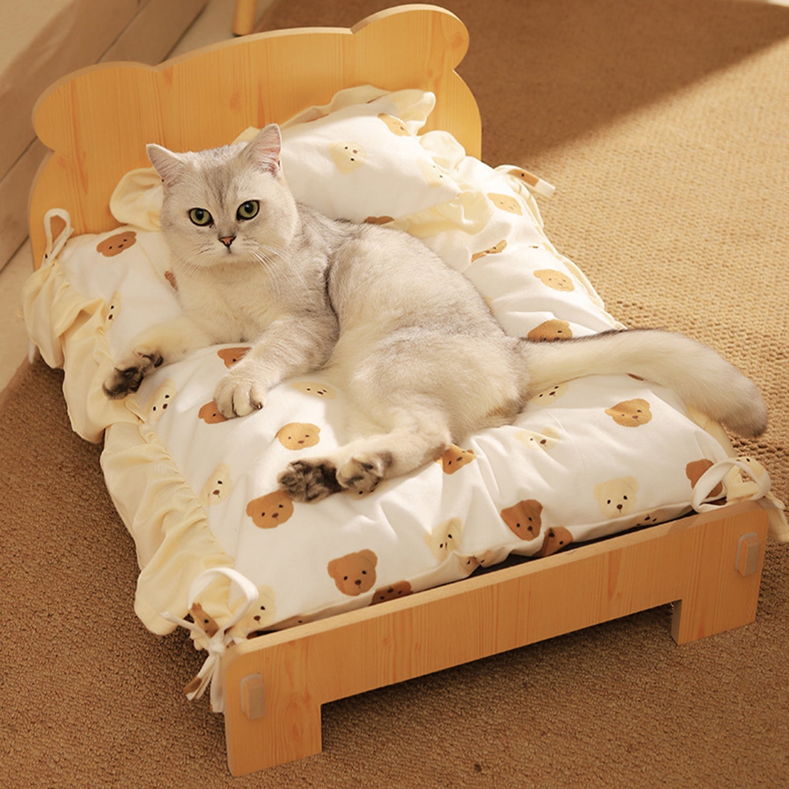 Soft Padded Wooden Cat Bed, Raised Edge Pet Sleeping Bed, Removable ...