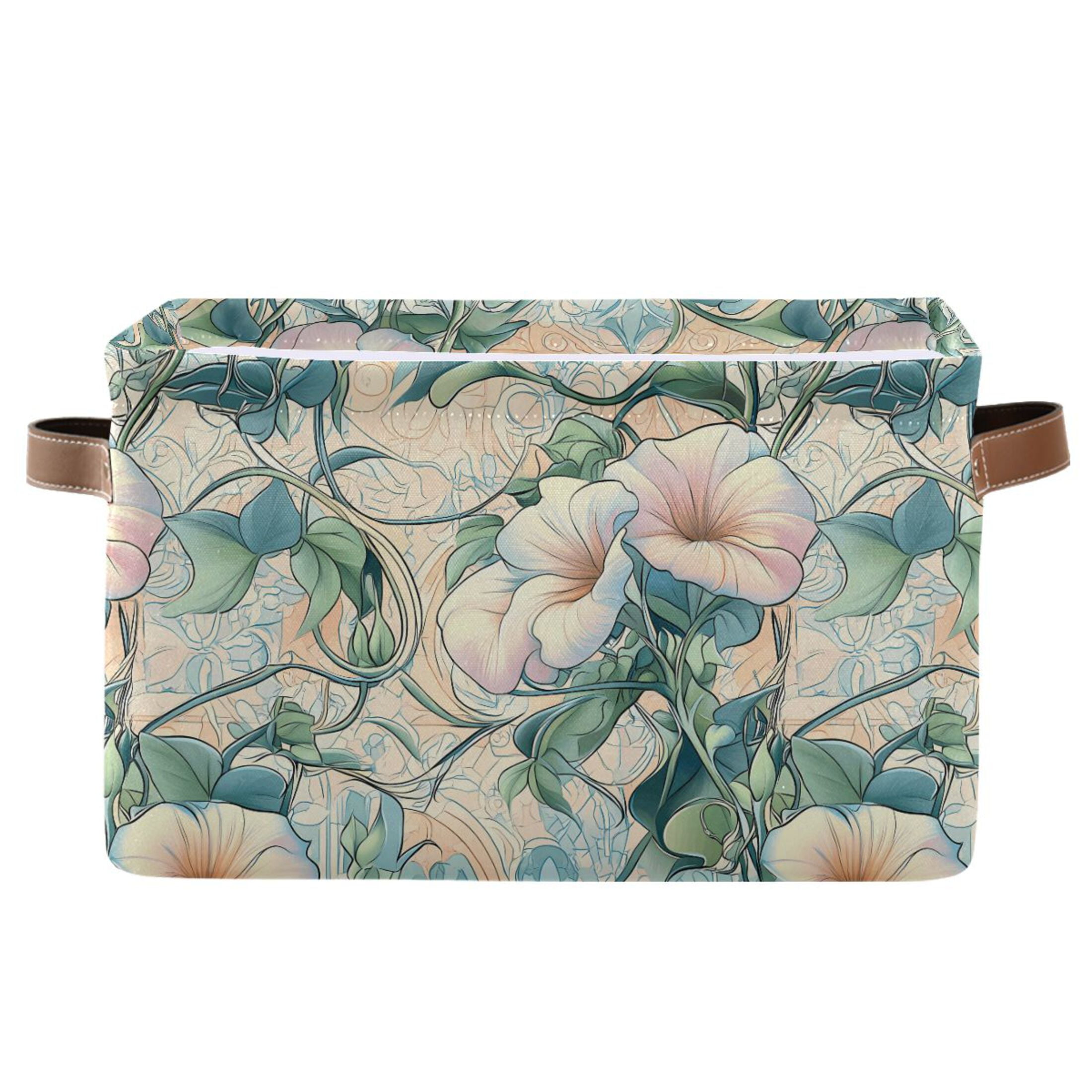 Soft Pastel Morning Glory Flowers Storage Bins with Handle Fabric Organizer Basket Foldable Box ...