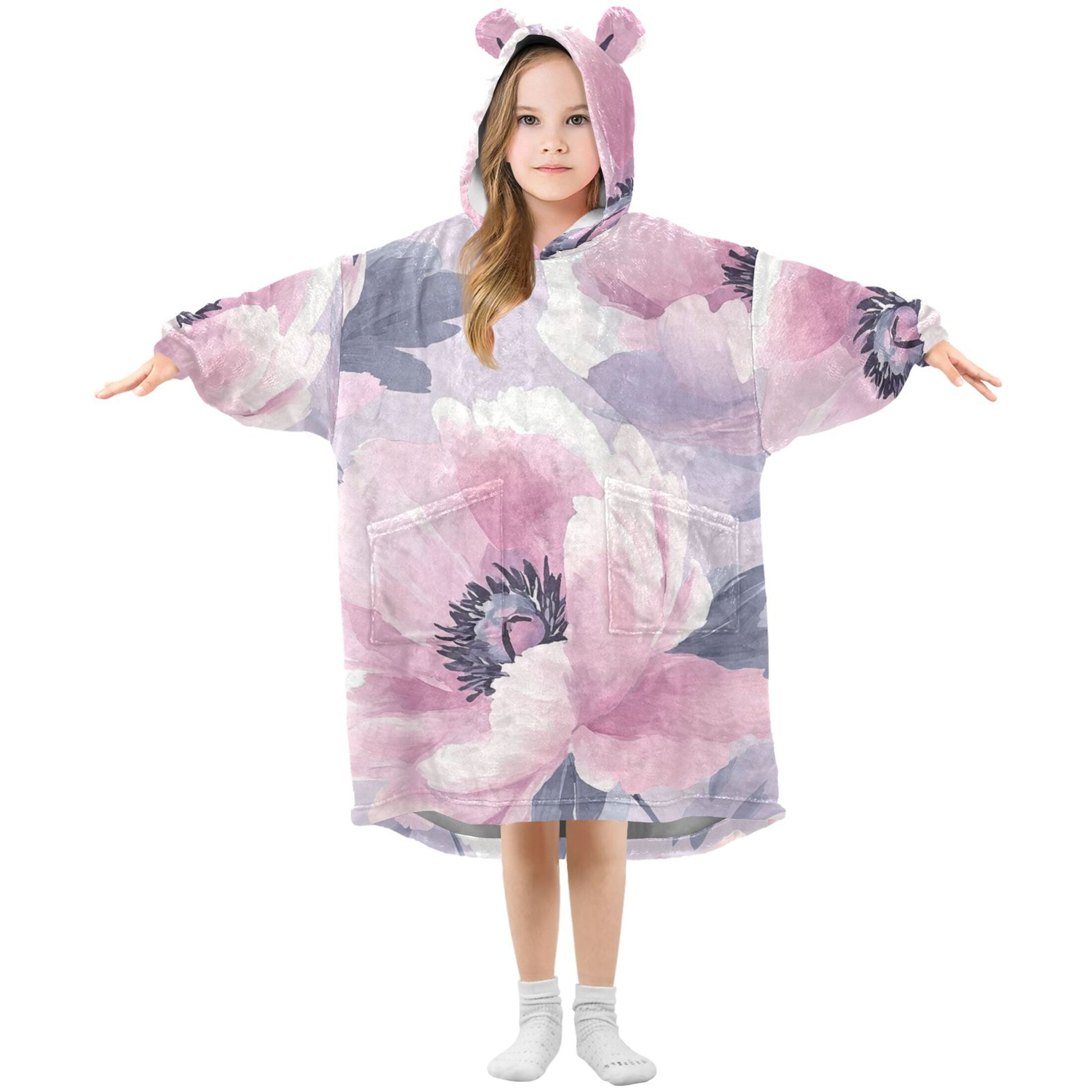 Soft Pink Peony Flowers Flannel Wearable Blankets Hooded Design Long ...
