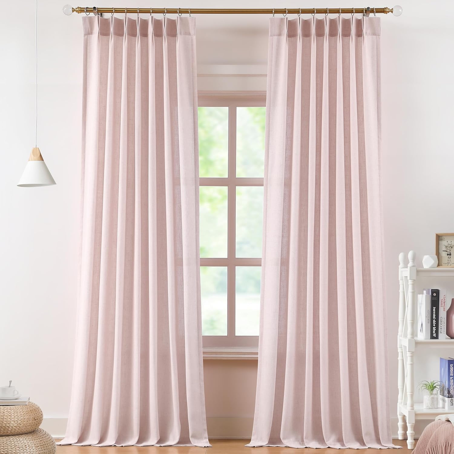 Soft Pink Pinch Pleated Semi Sheer Curtains Textured Linen Blended ...