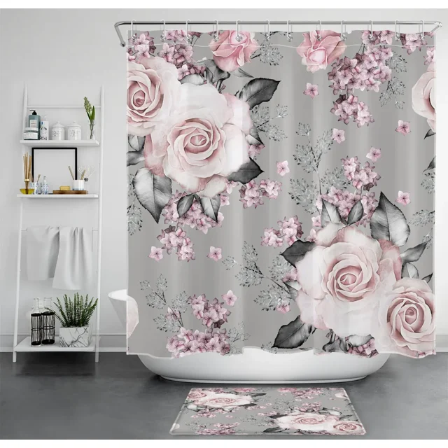 Soft Pink Rose And Grey Leaf Shower Curtain Set Elevate Your Bathroom