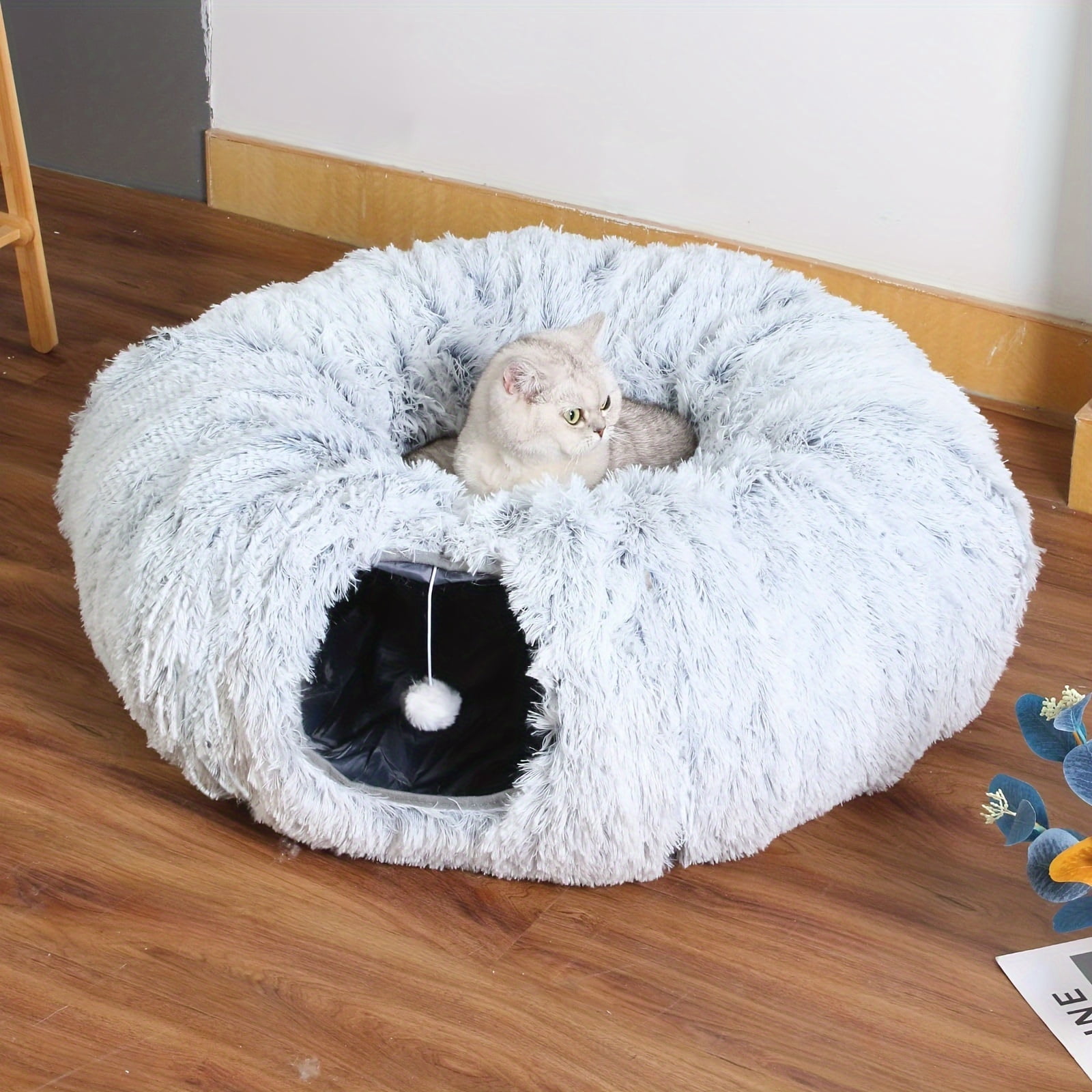 Soft Plush Cat Tunnel with Cozy Donut Bed - Multi-Functional Hideout ...