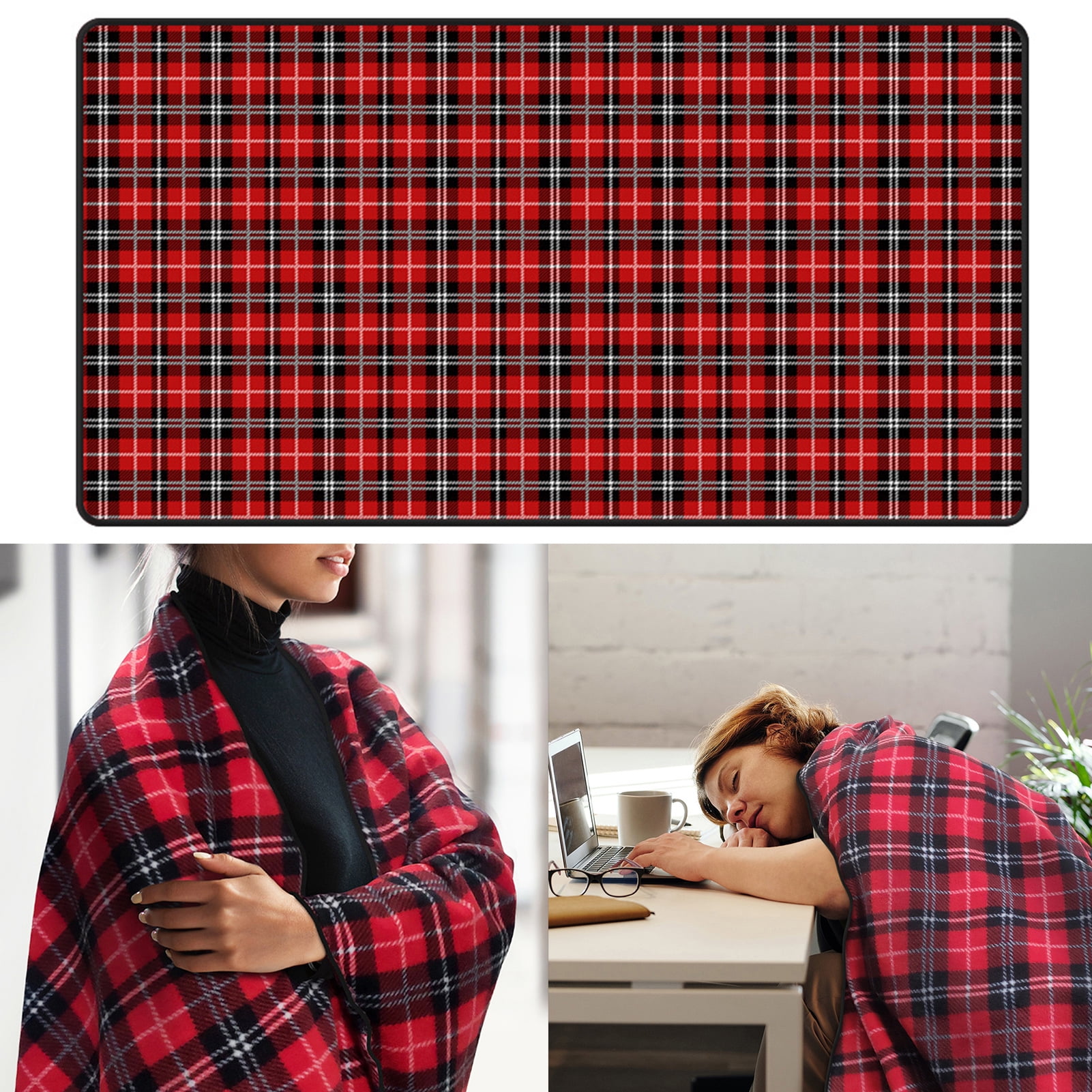 Soft Plush Electric Heated Blanket Throw, White Black Plaid Microlight ...