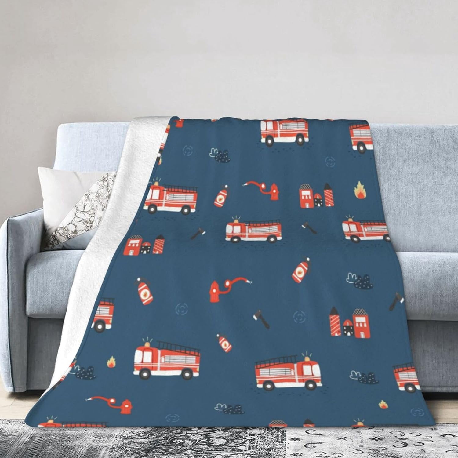 Soft Plush Fleece Blanket Cartoon Fire Truck Print Cozy Warm Throw for ...