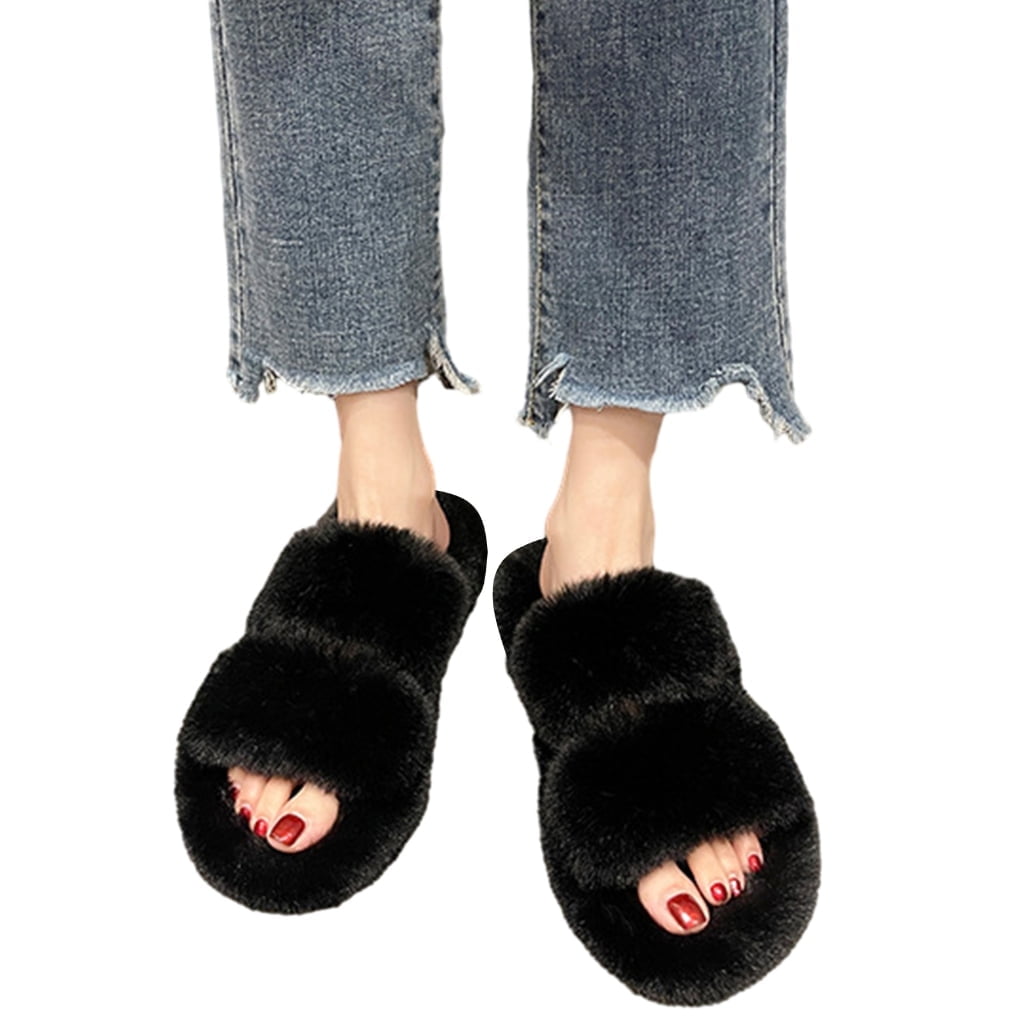 Soft Plush Open Toe Furs Slides Fuzzy Slip on House Shoes Indoor ...