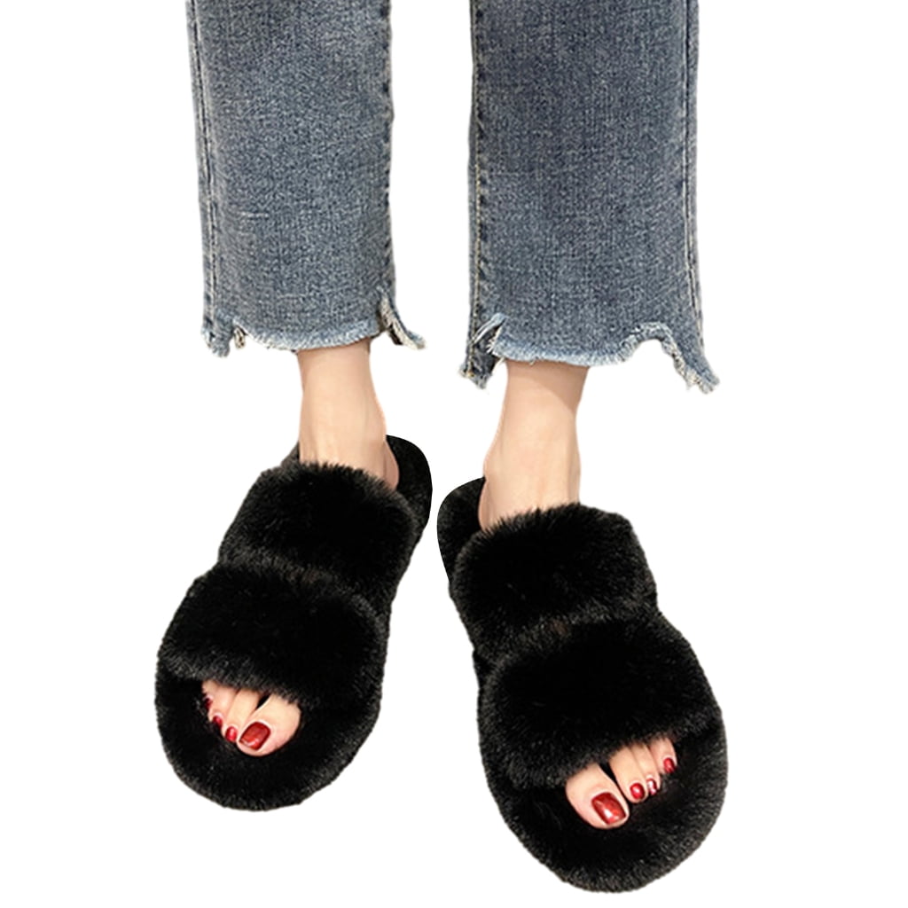 Soft Plush Open Toe Furs Slides Fuzzy Slip on House Shoes Indoor ...