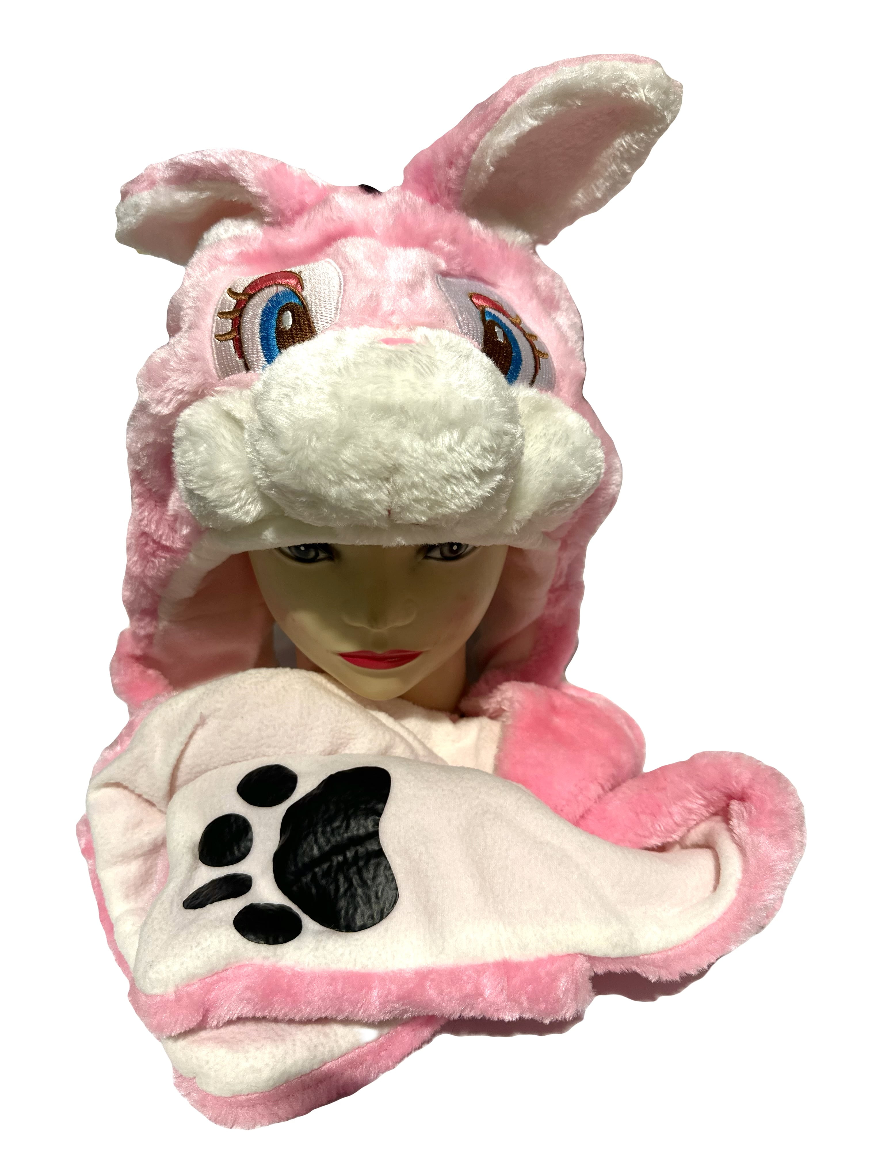 Soft Rabbit Plush Animal Winter Hat - Pink Bunny Plush Hat With Hand ...