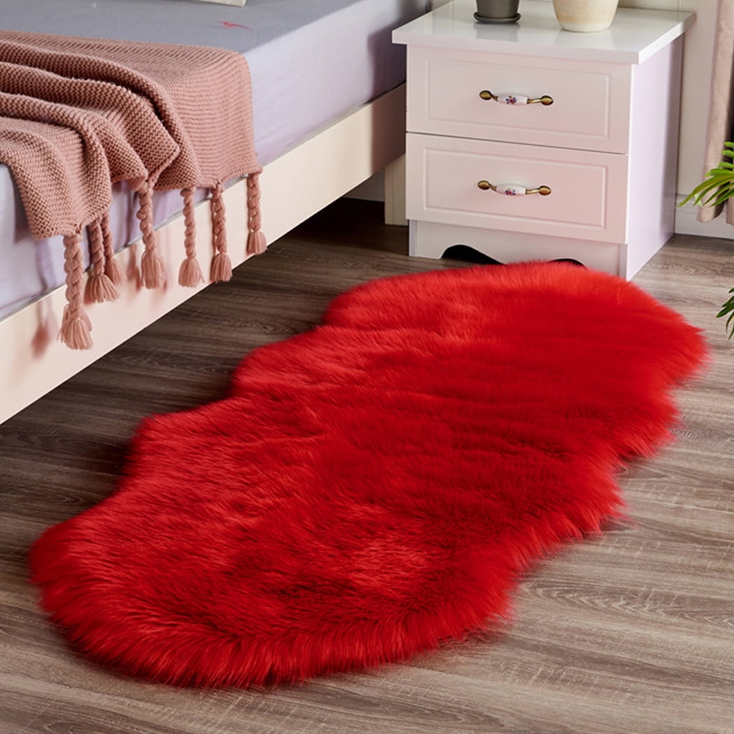 Soft Red Fluffy Faux Fur Sheepskin Area Rugs 4 x 2ft Plush Fluffy ...