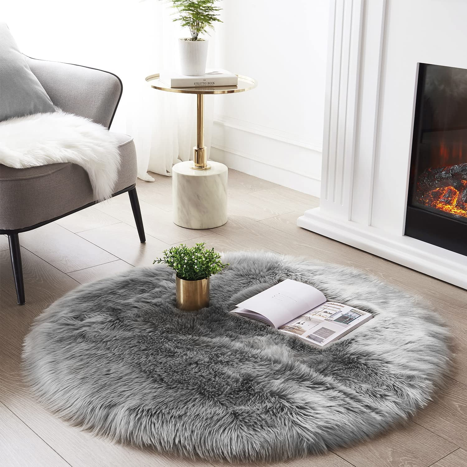 Soft Round Faux Sheepskin Fur Rug for Bedroom Grey Circle Fluffy Rugs ...