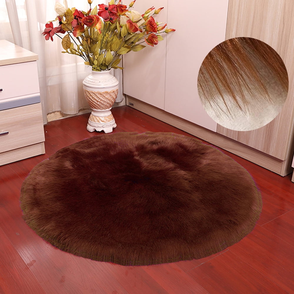 Soft Round Fur Area Rug 2.3x2.3ft Modern Decor Shaggy Fluffy Rugs Brown ...