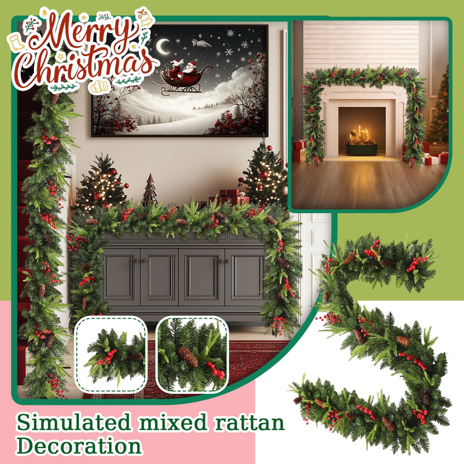 Soft Rubber Pine Vine Garland - Christmas Realistic Rattan, 2.7M/106in ...