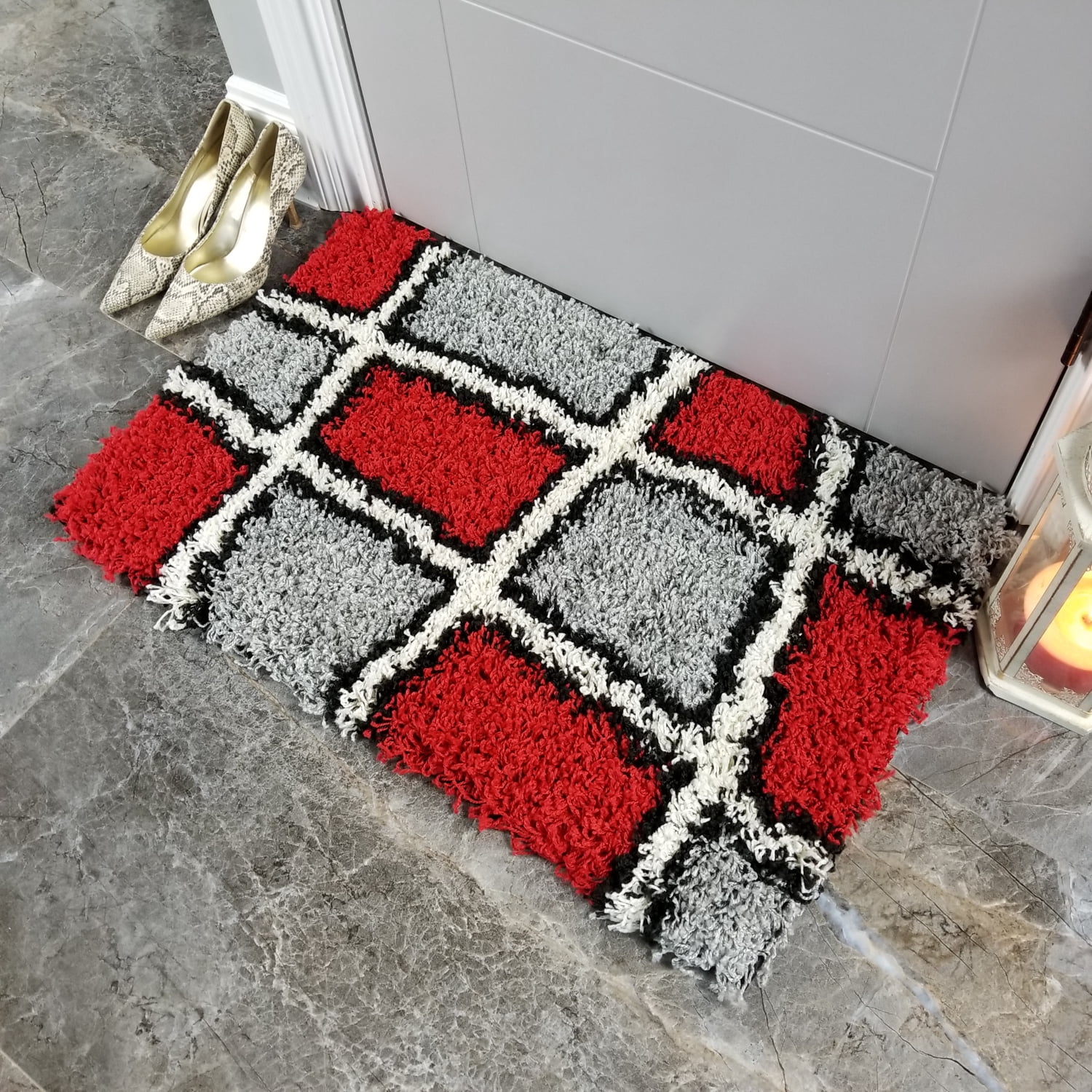 Soft Shag Area Rug 20" x 31" | Doormat Accent | Geometric Tile Design ...
