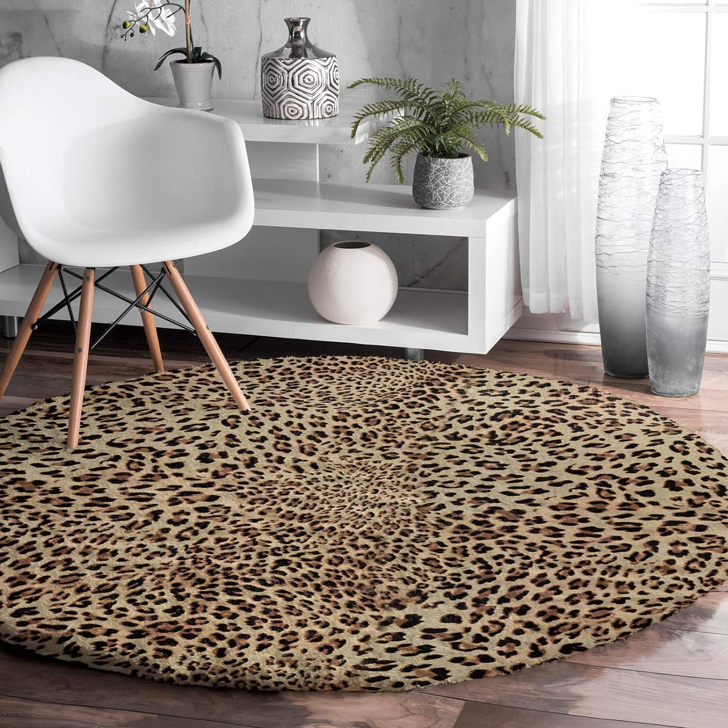 Soft Shag Round Area Rug Wildlife Leopard Fluffy Circle Floor Carpet ...