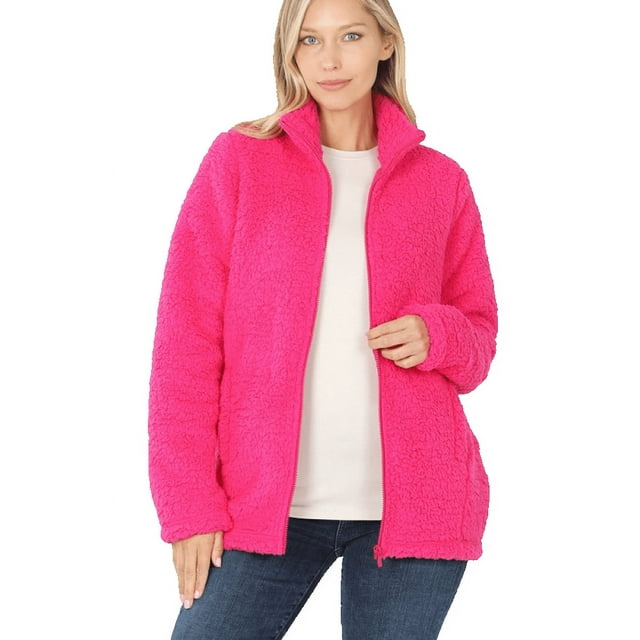 Soft Sherpa Zipper Front Jacket Faux Shearling (Small, Hot Pink), Small ...