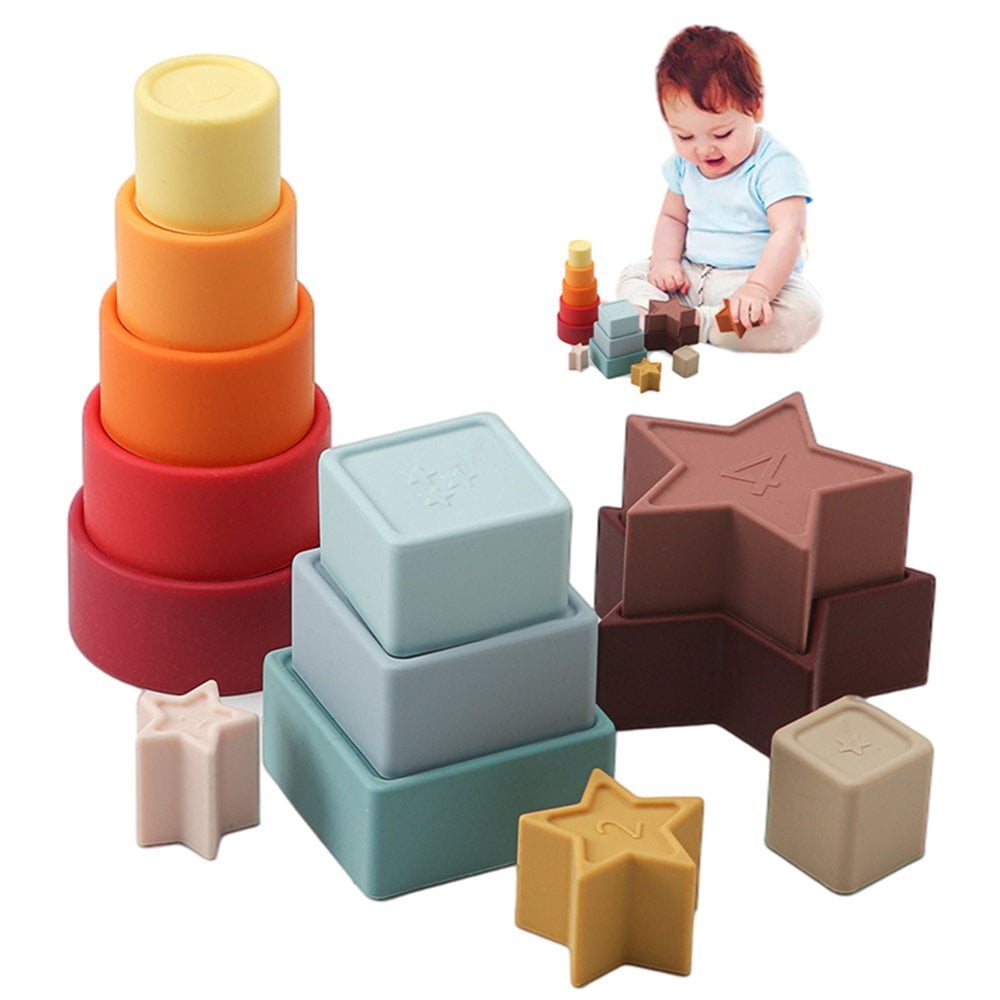 Soft Silicone Stacking Toys Set 15 Pcs Natural Rainbow Color Chew ...