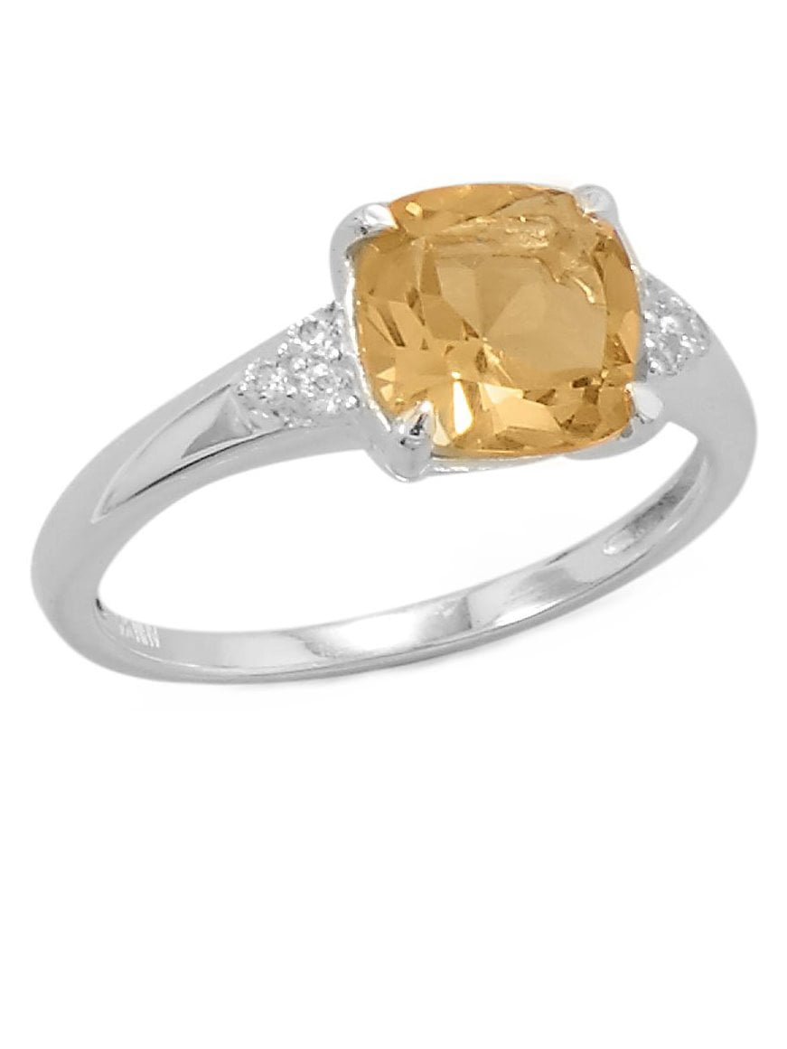 Soft Square Citrine Ring with Cubic Zirconia Side Accents Sterling ...