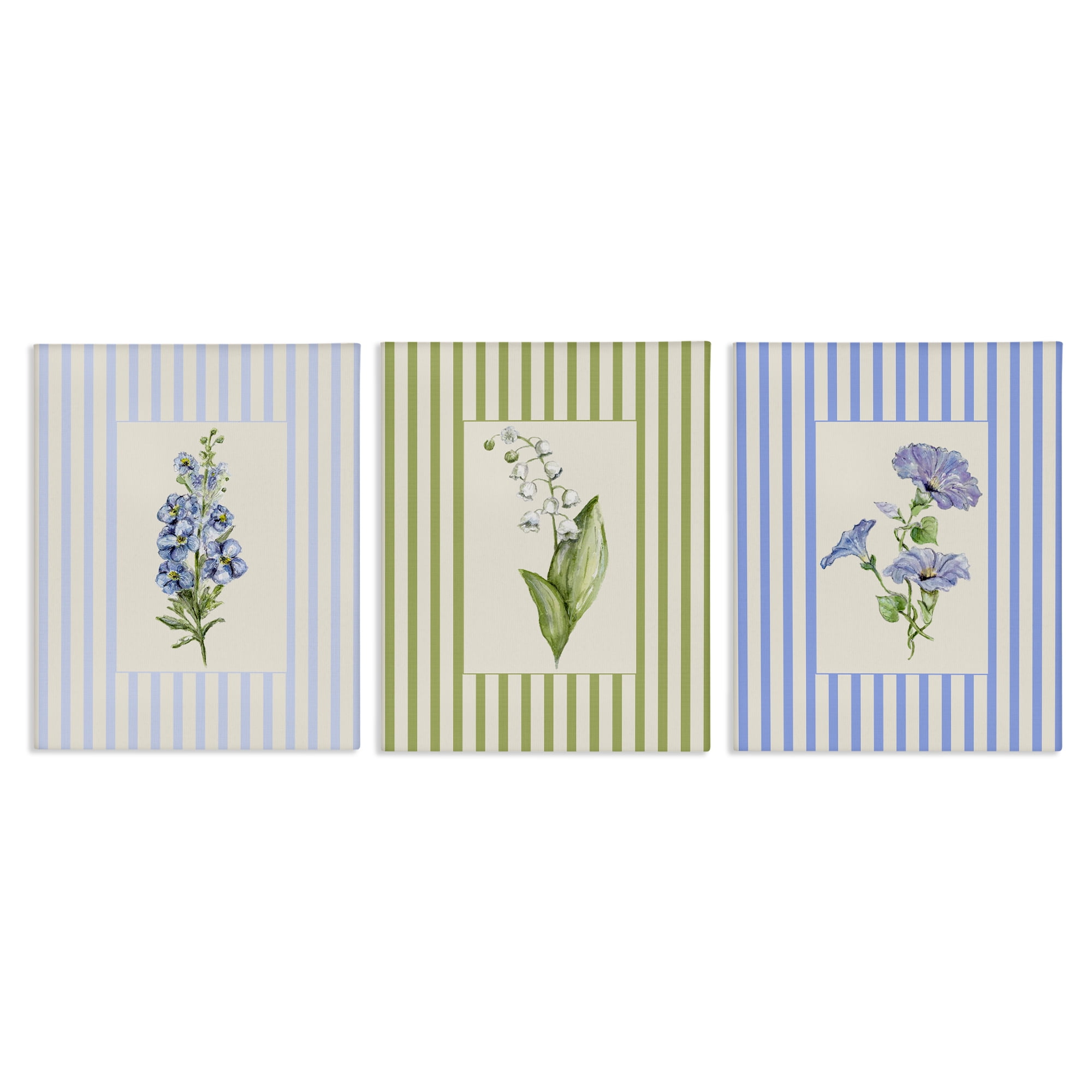 Soft Stripe Cottage Blooms 3 Piece Canvas Wall Art Set, design by Lisa ...