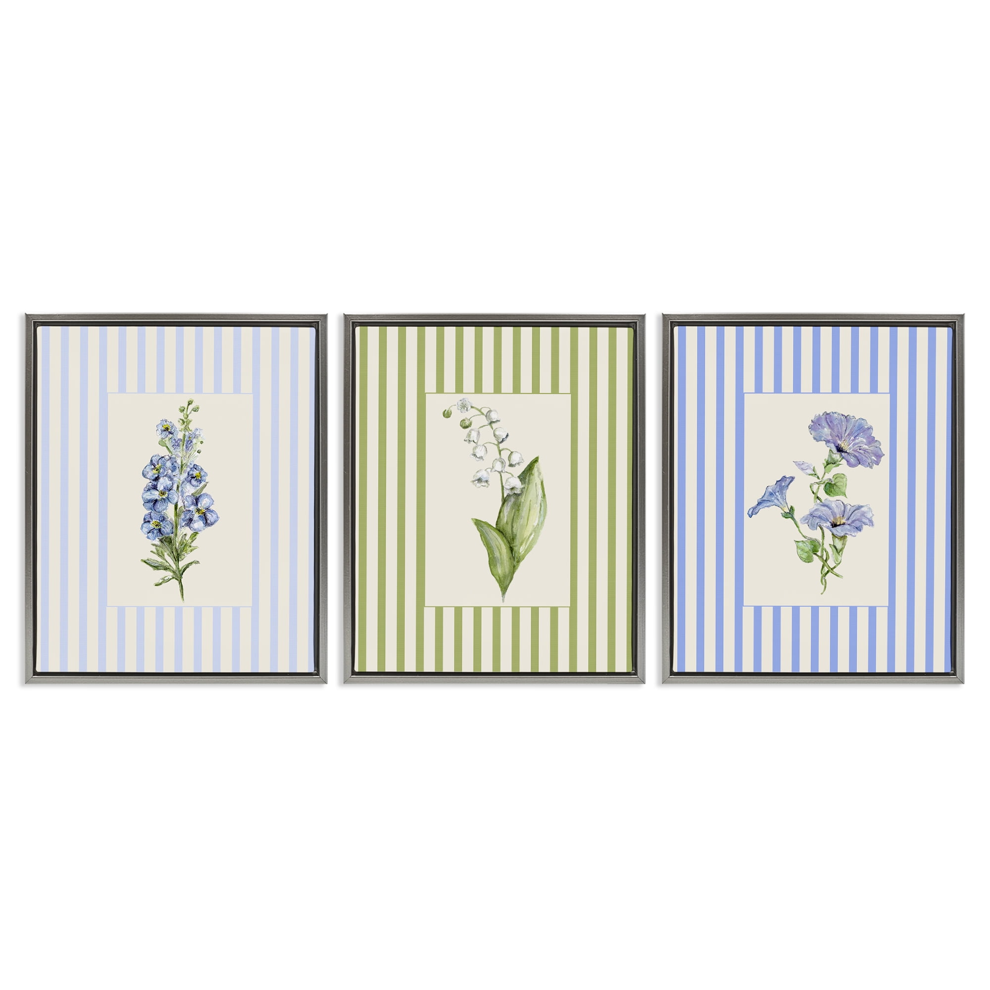 Soft Stripe Cottage Blooms 3 Piece Gray Framed Floater Canvas Set ...