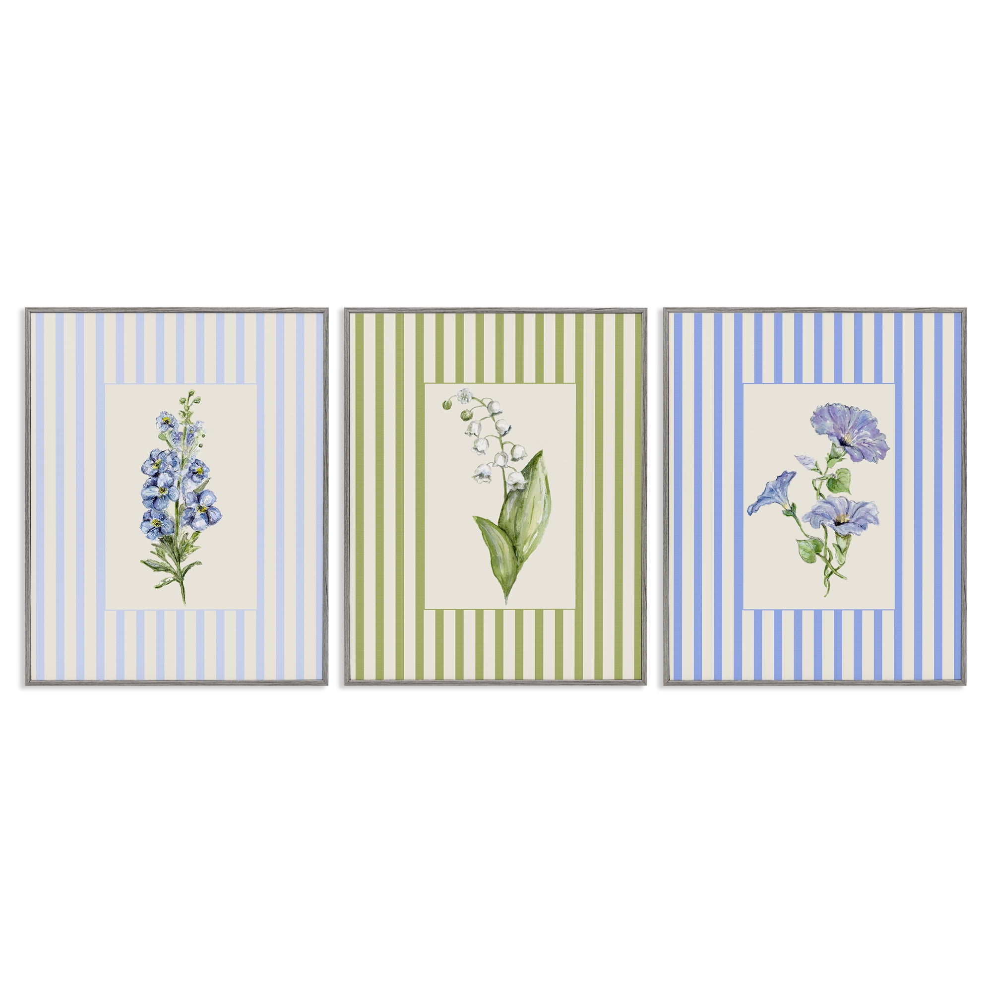 Soft Stripe Cottage Blooms 3 Piece Gray Framed Giclee Art Set, design ...