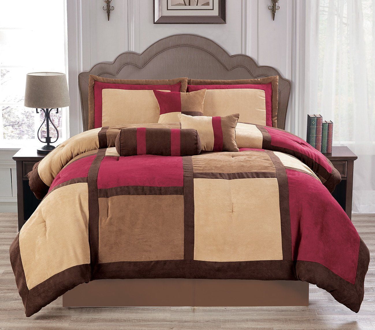 Best Linen Burgundy & Taupe Bentley 7-Piece Micro-Suede Bedding Set ...