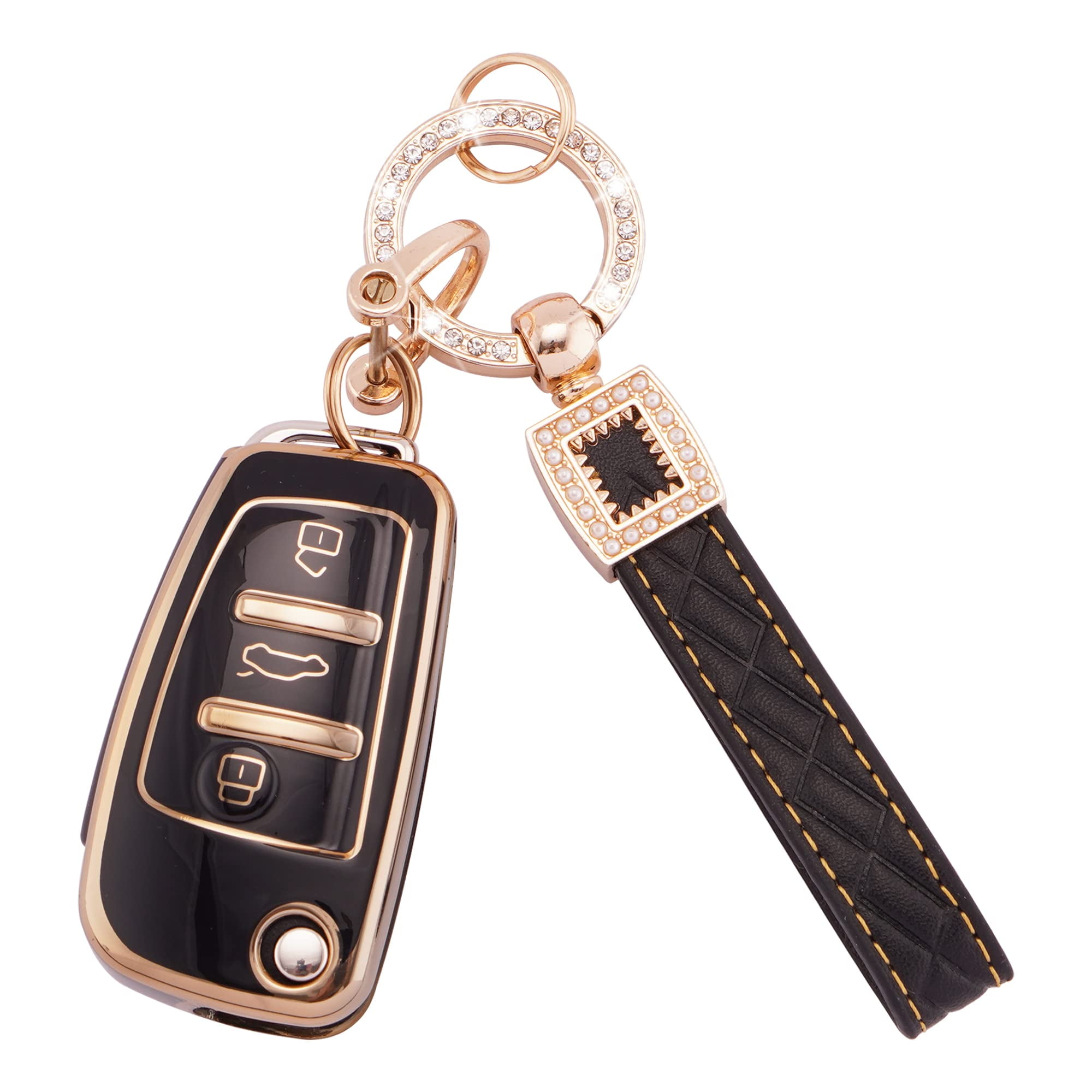 Soft TPU 3-Button Flip Key Fob Cover with Genuine Leather Keychain for ...