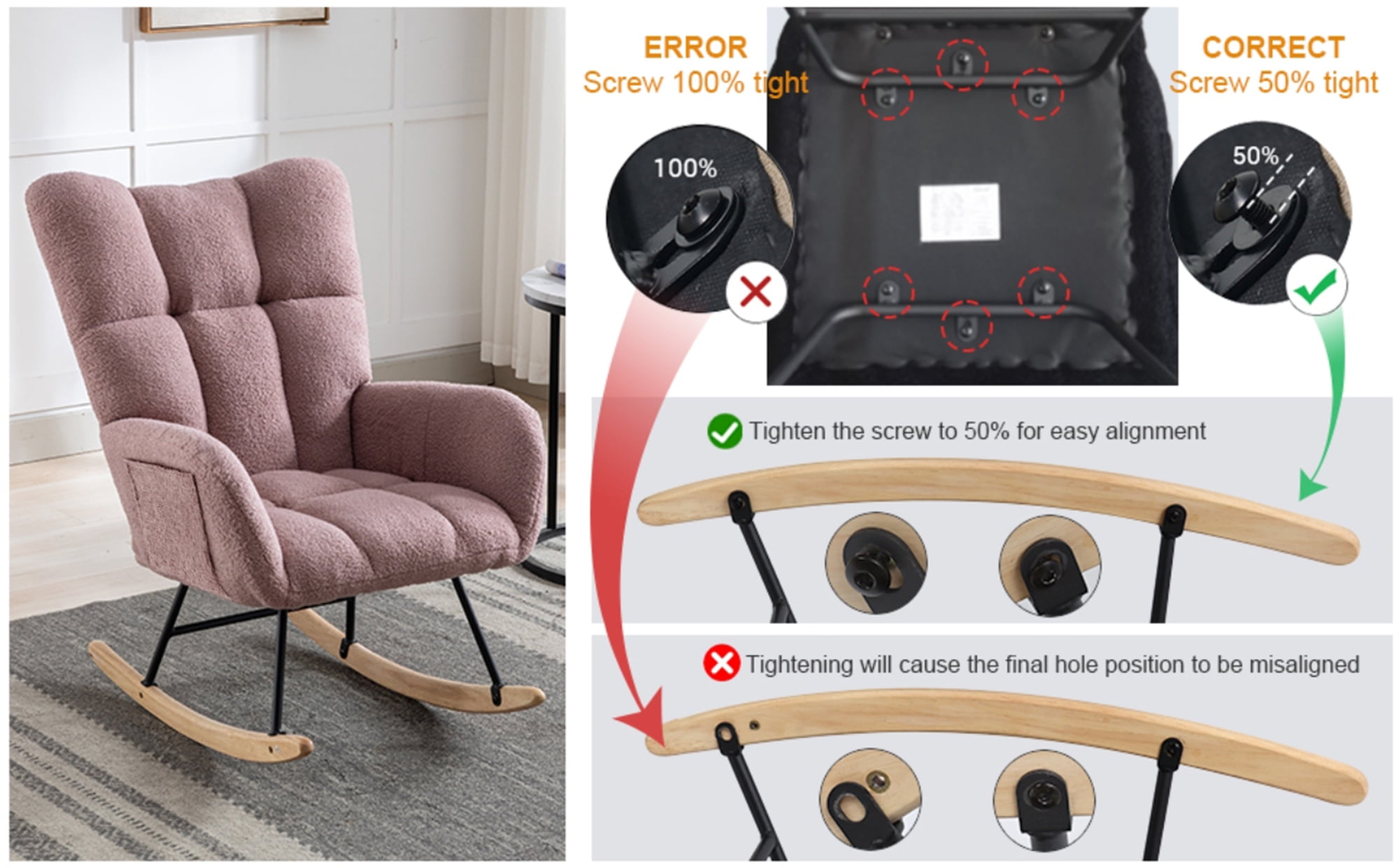 Soft Teddy Fabric Rocking Chair with Pocket Comfy Wingback Glider ...