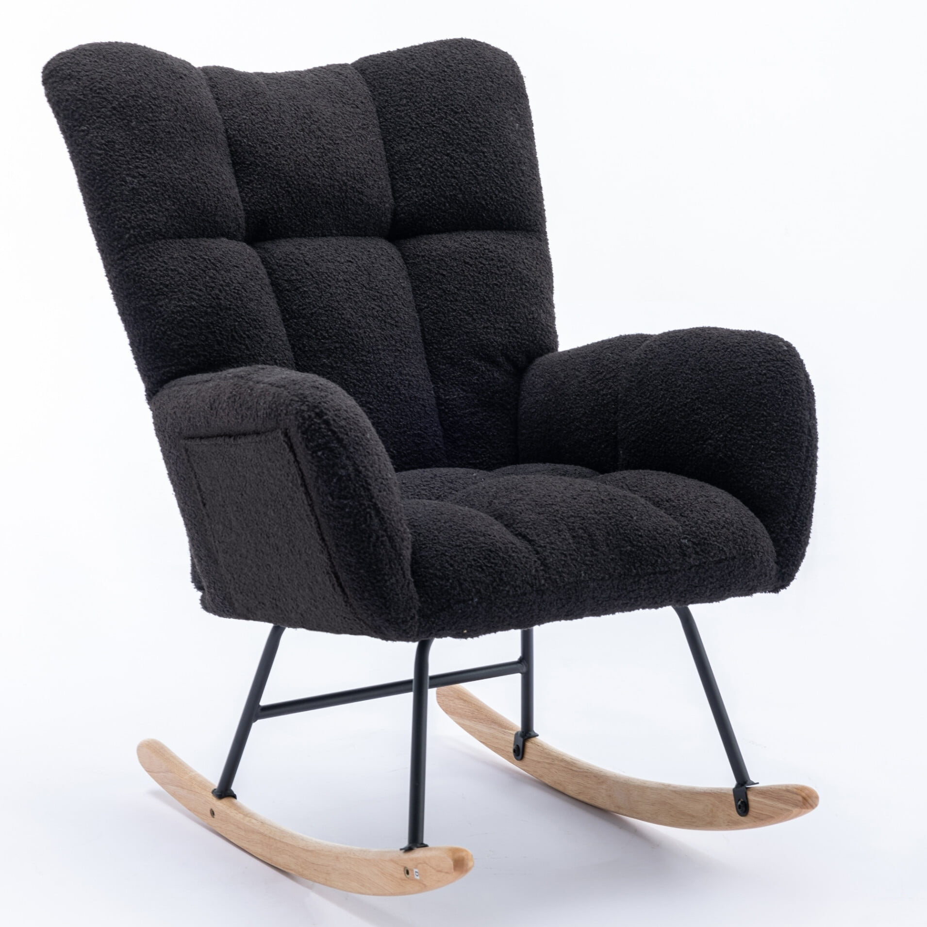 Black Soft Teddy Fabric Rocking Chair with Pocket, High Backrest for ...