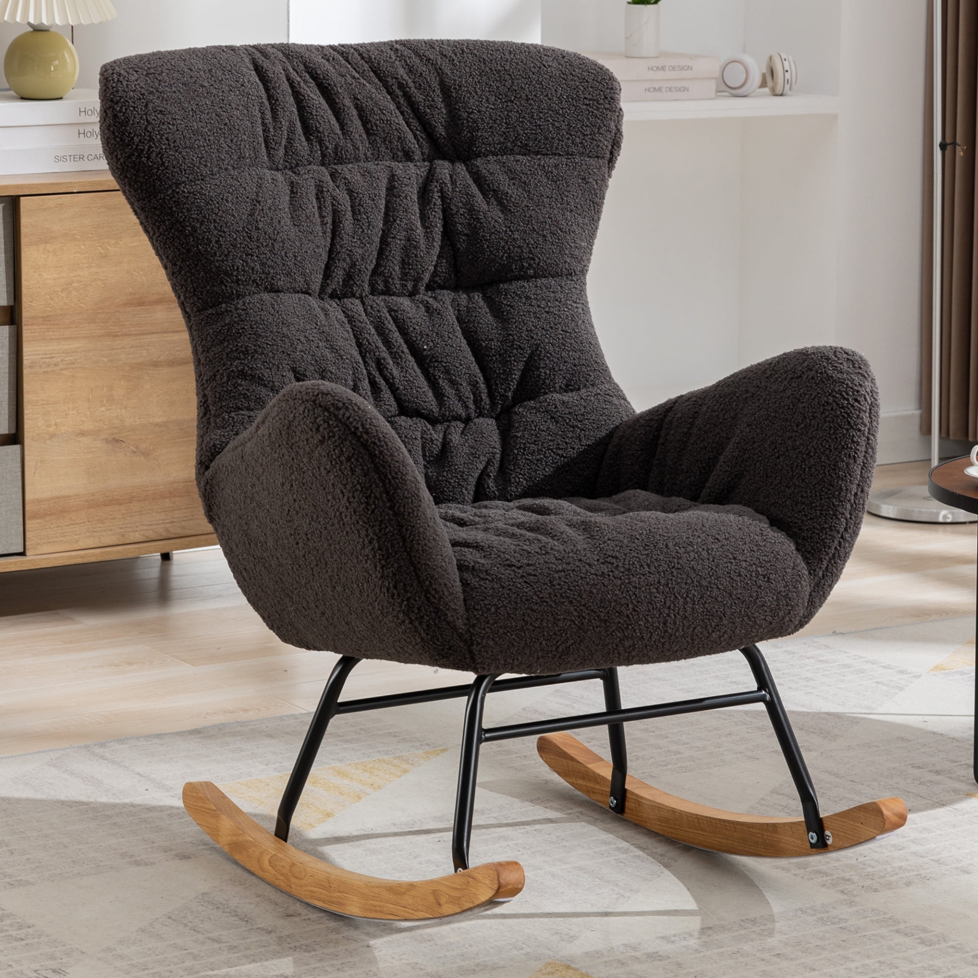 Soft Teddy Fabric Rocking Chair, Upholstered Chair with Wooden Frame ...