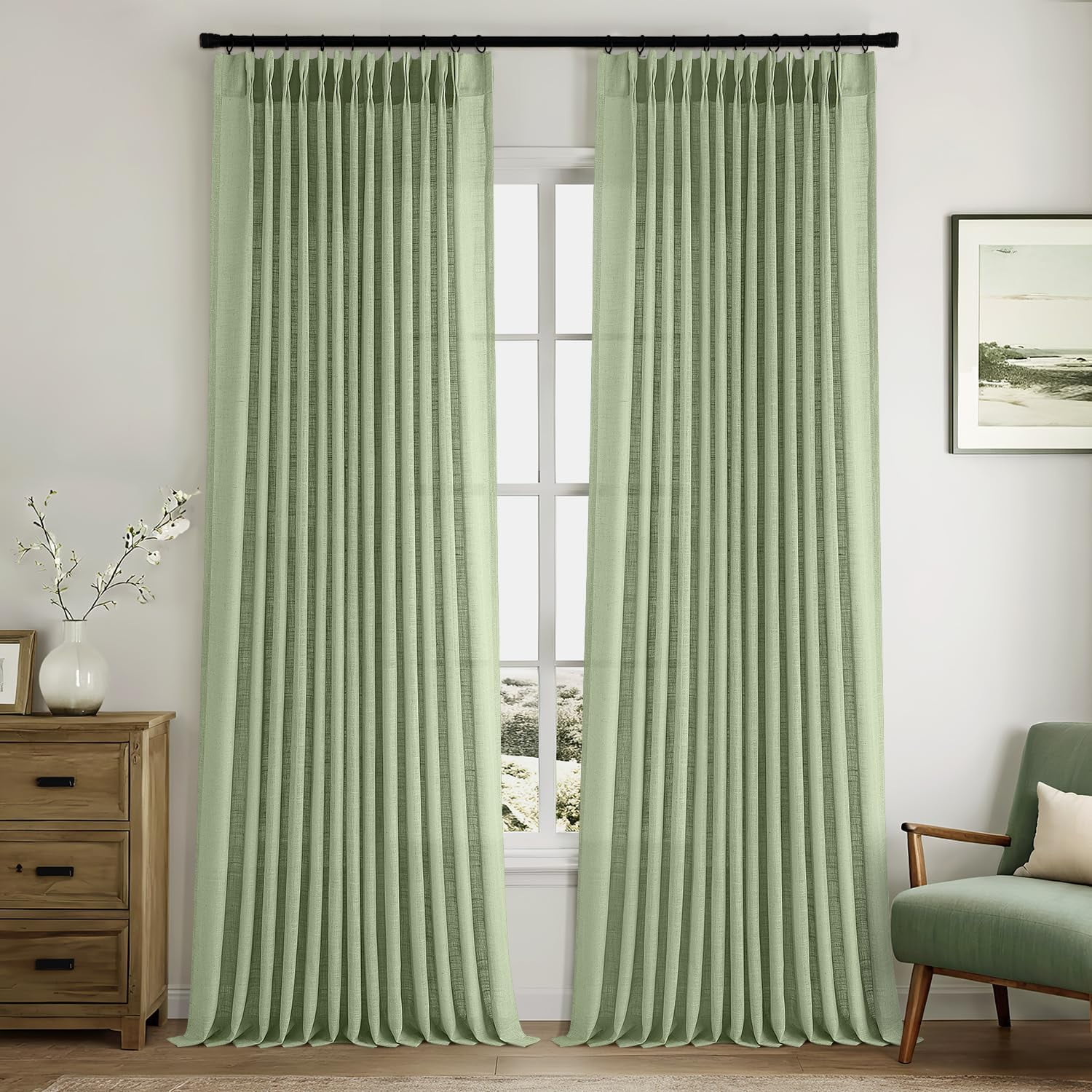 Soft Thick Linen Textured Pinch Pleated Sage Green Curtains, 90 Inches Long, 2 Panels with Back ...