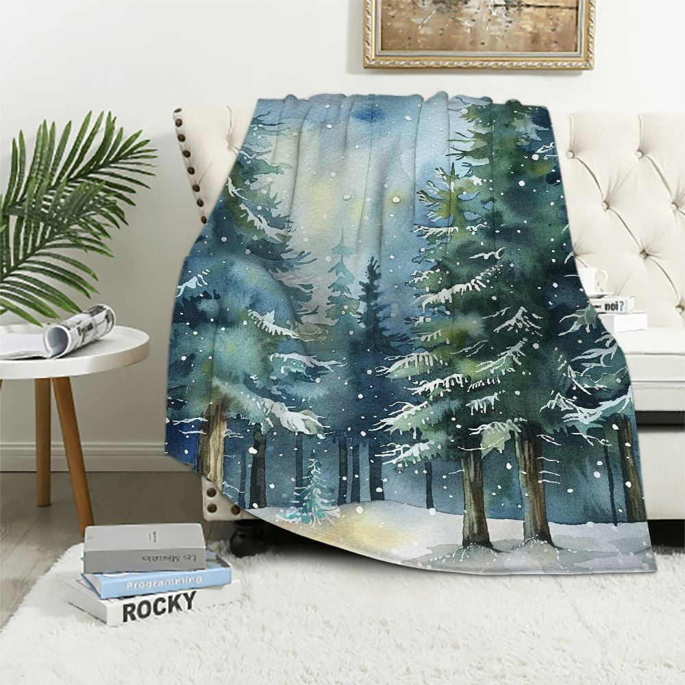 Soft Throw Blanket Snow Watercolor Christmas Pine Trees Lightweight ...