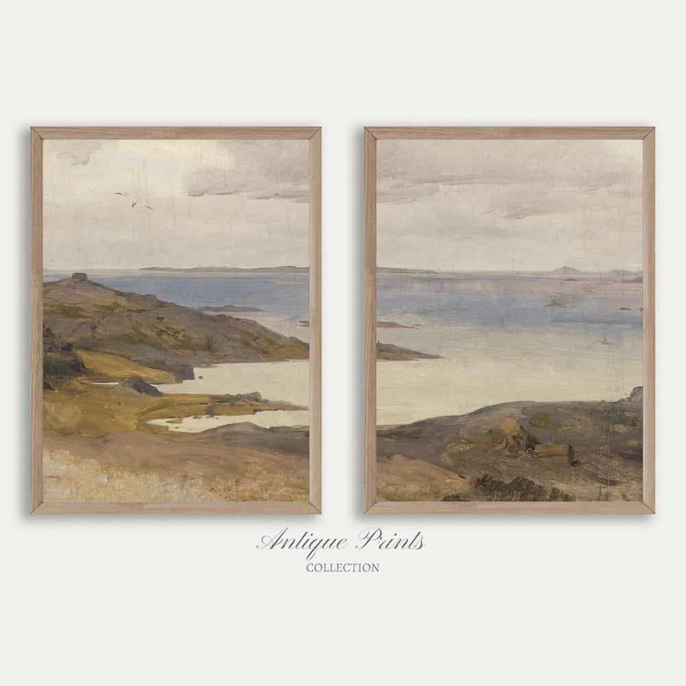 Soft Tone Neutral Seascape Coastal Split Vintage Wall Art Print Set 2 ...
