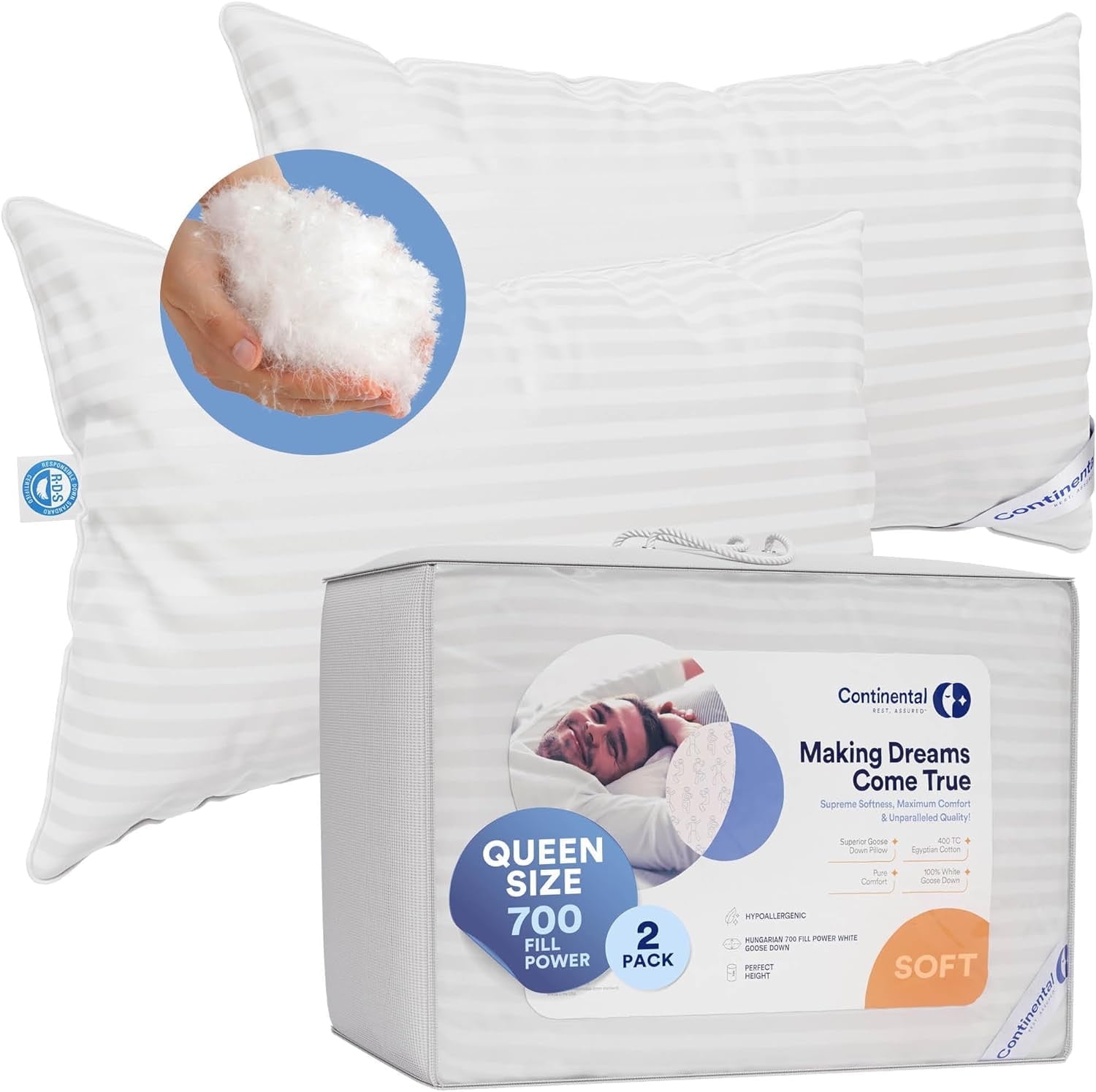 Continental Bedding Hungarian White Goose Down Soft Hotel Bed Pillow ...