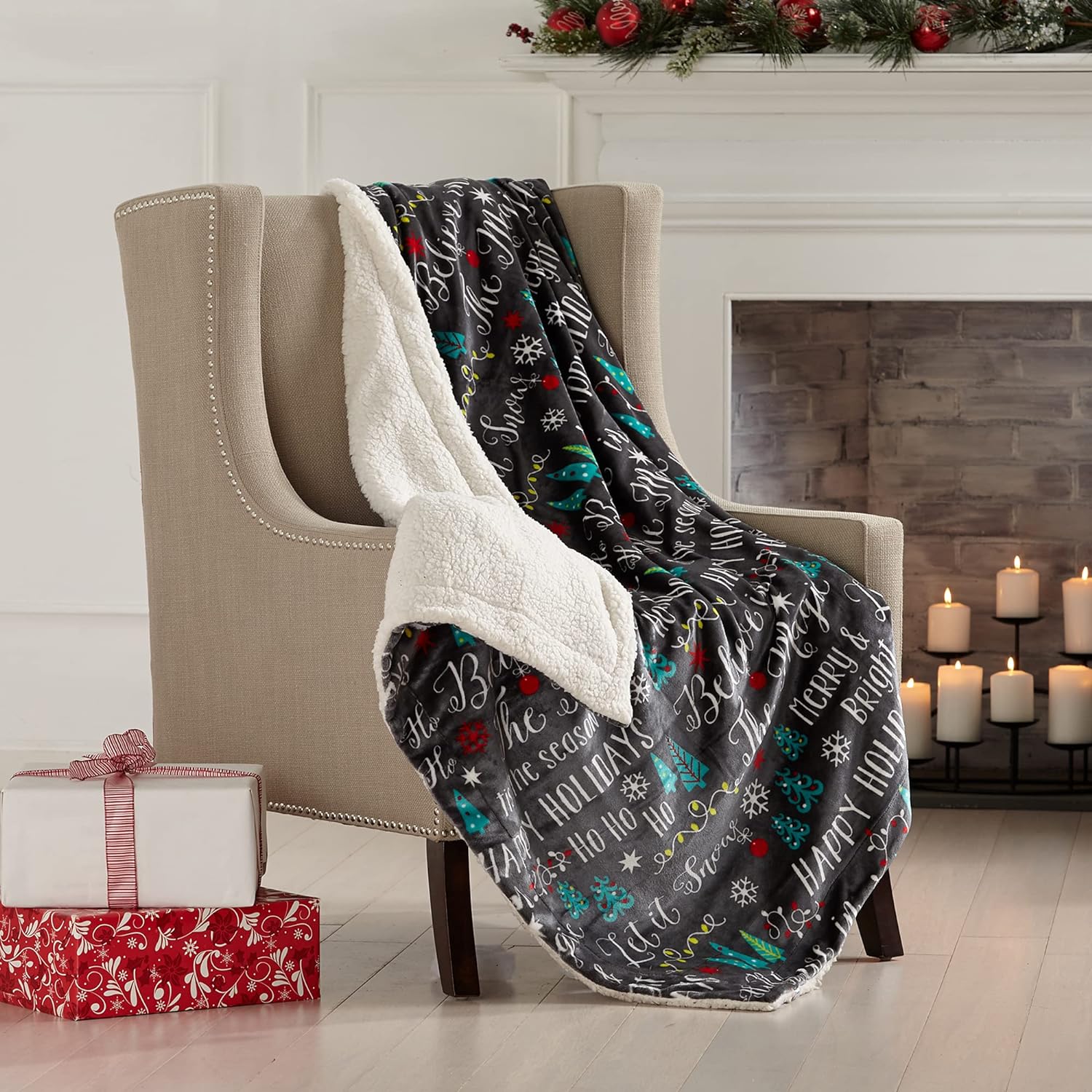 Soft Velvet Plush and Sherpa Fleece 50" x 60" Holiday Throw Blanket ...