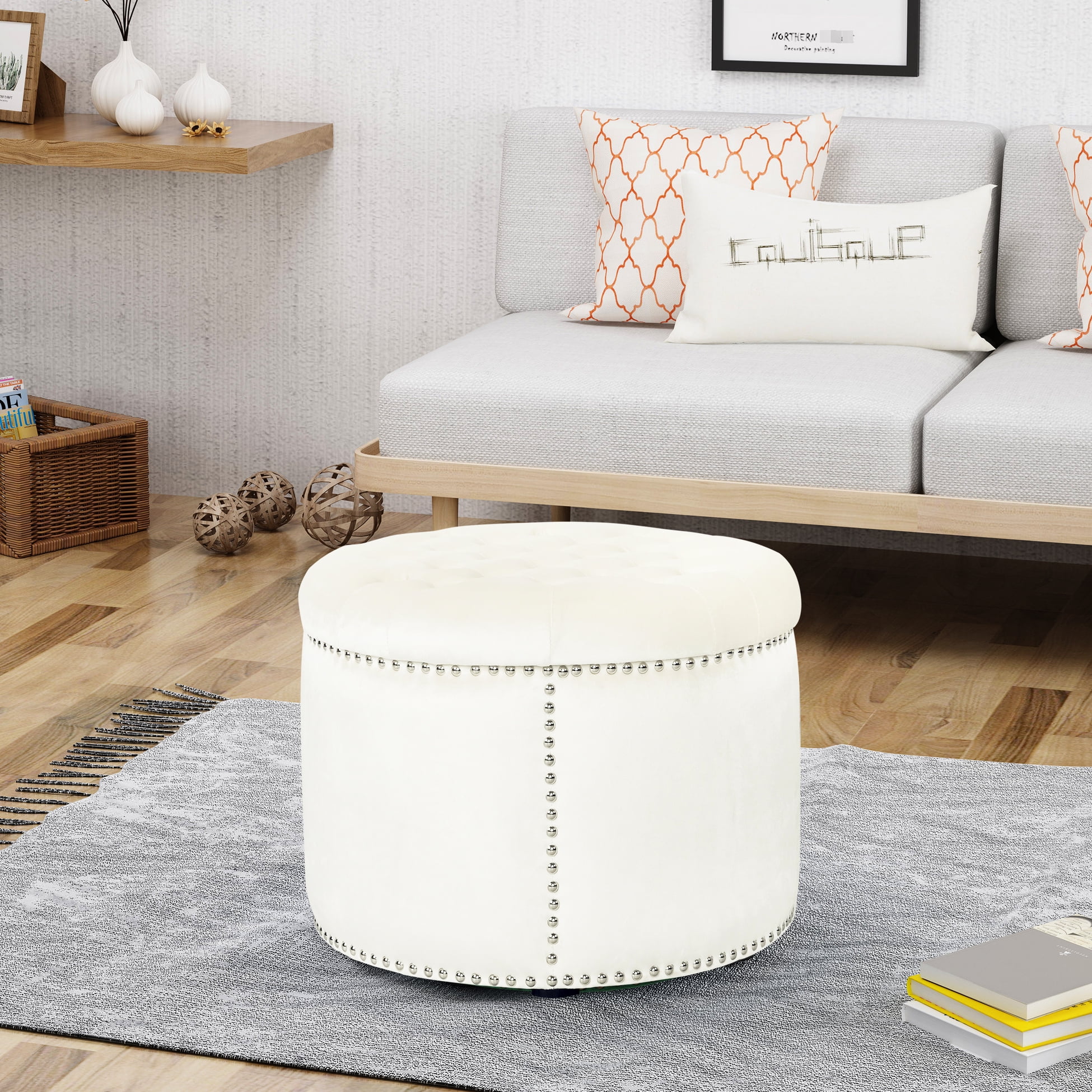 Soft Velvet With Studded Accent, Wooden Base For Living Room, Extra ...