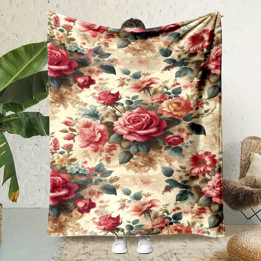 Soft Vintage Rose Floral Print Flannel Throw Blanket - Reversible ...