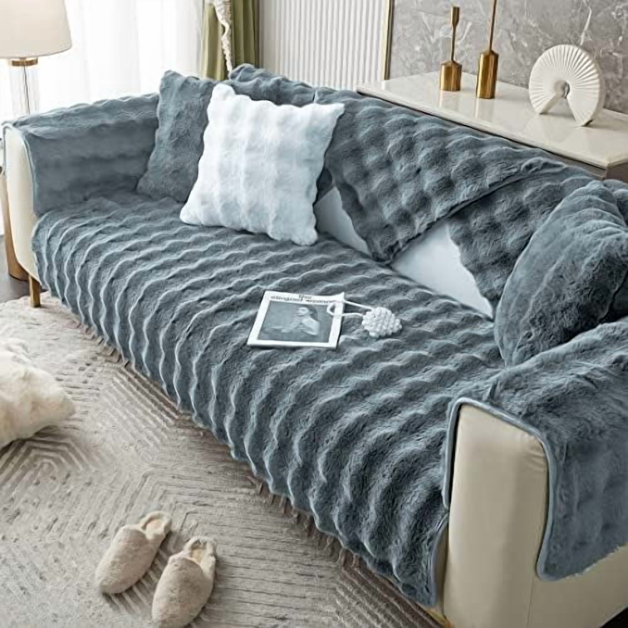 Soft Warm Faux Fur Couch Sofa Cover Thick Shaggy Fuzzy Sectional Couch ...