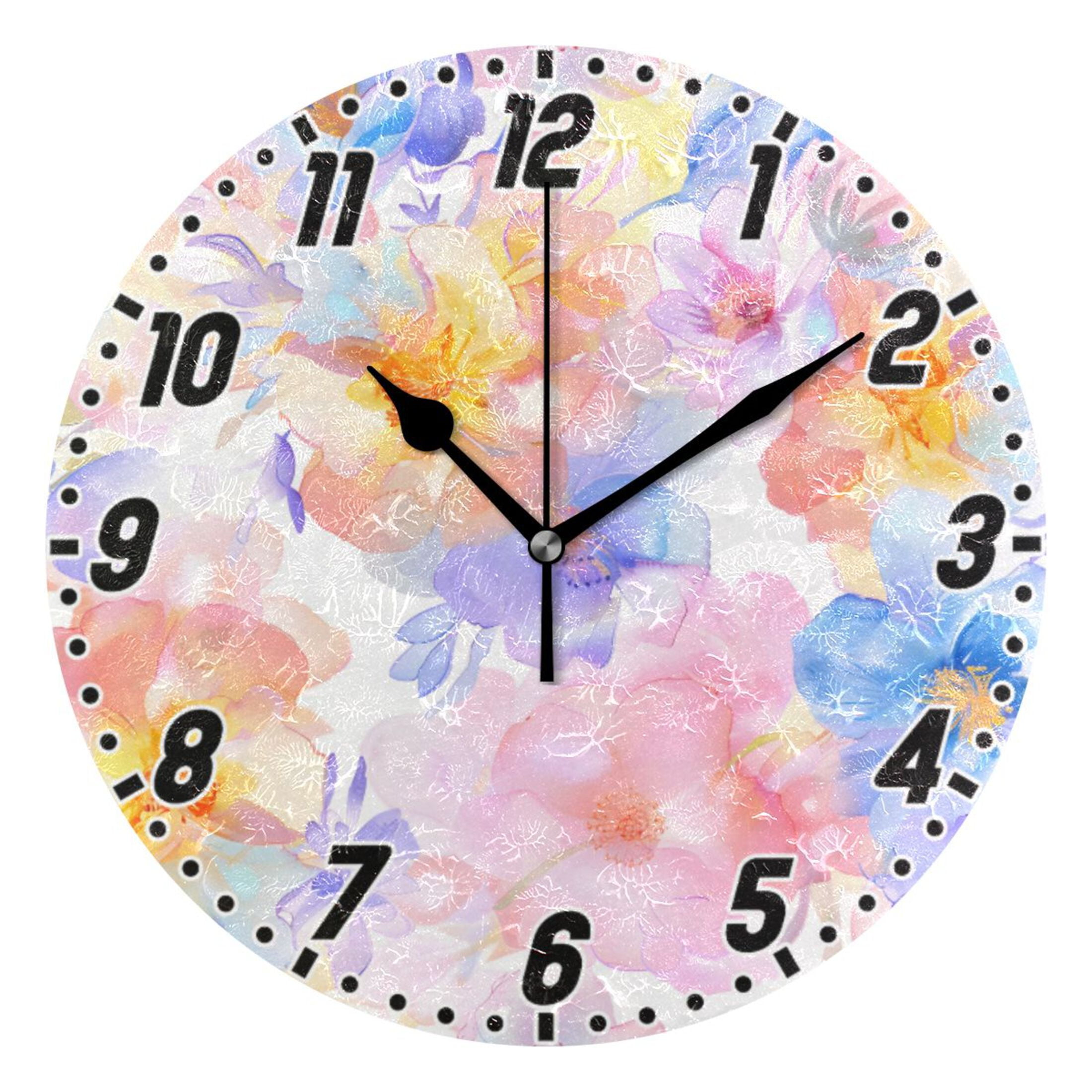 Soft Watercolor Flower Wall Clock 9.8 inch Battery Operated Clocks Non ...