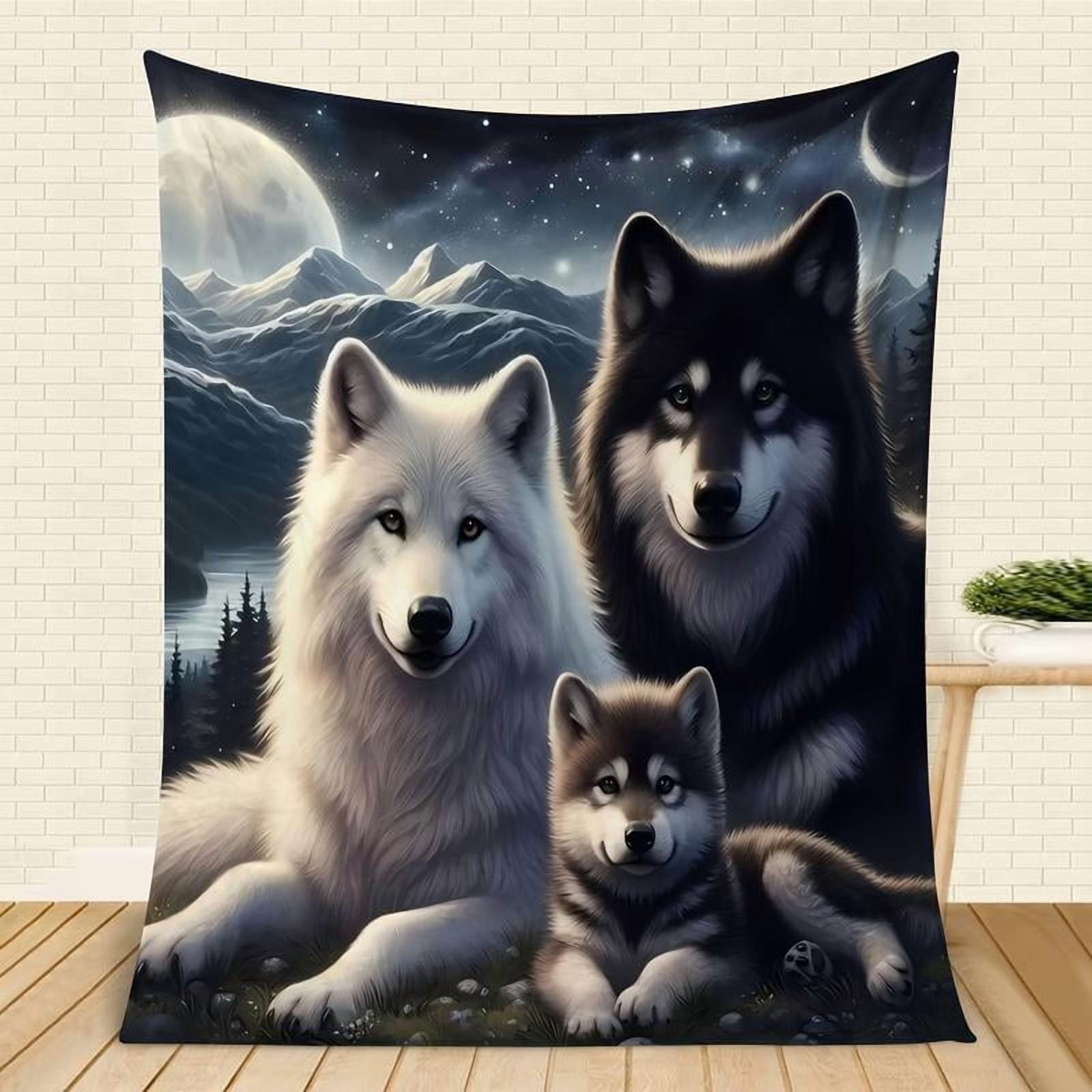 Soft Wolf Family Flannel Throw Blanket - Cozy Warm Night Sky Design for ...