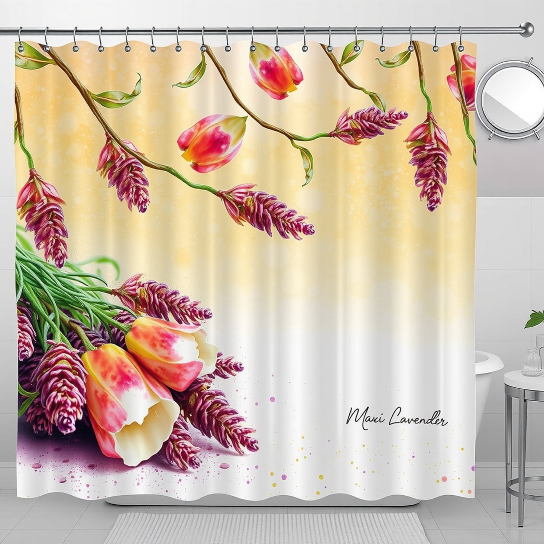 Soft Yellow Floral Shower Curtain with Tulips & Lavender - Watercolor ...