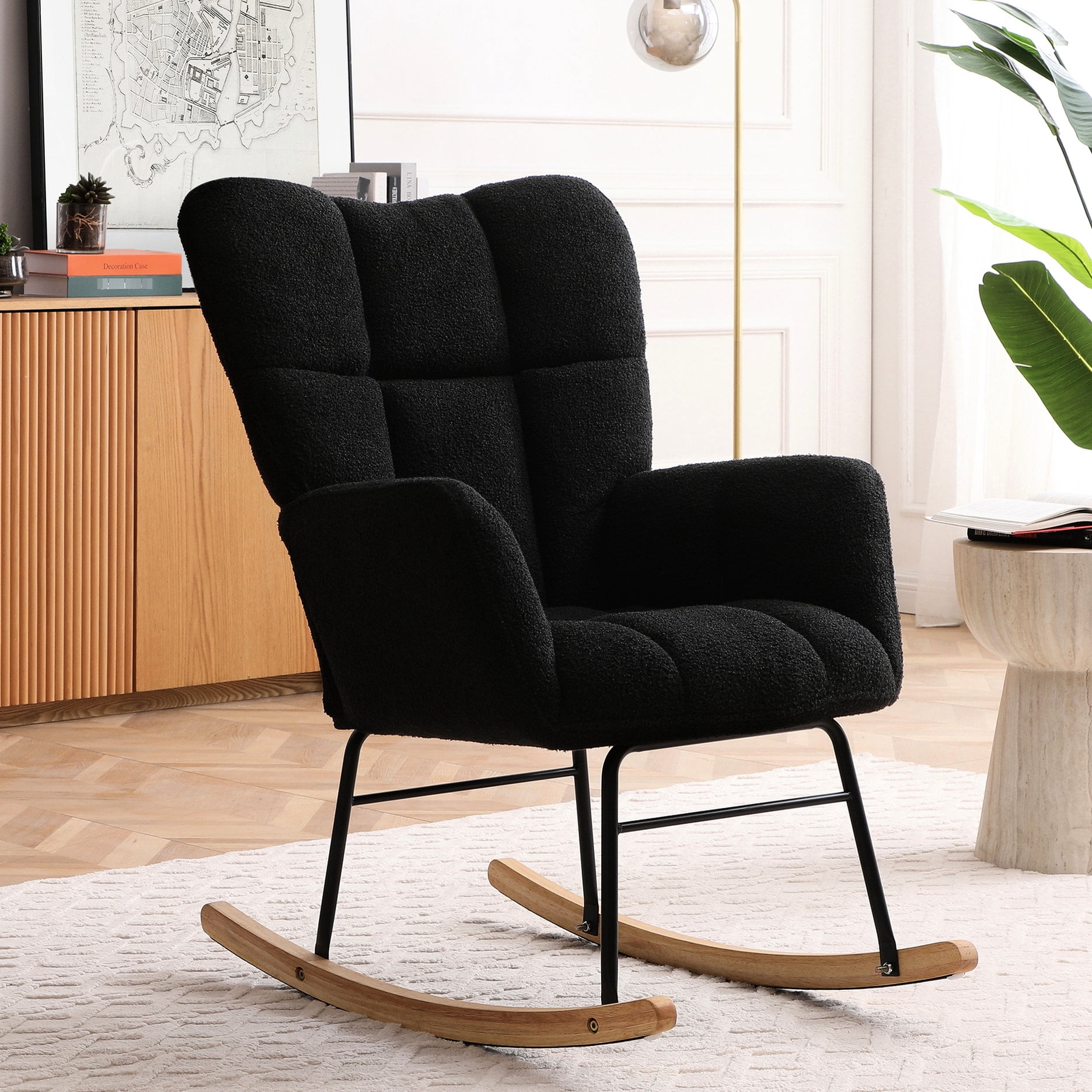 Soft teddy fabric rocking chair for cozy reading in bedroom corner ...
