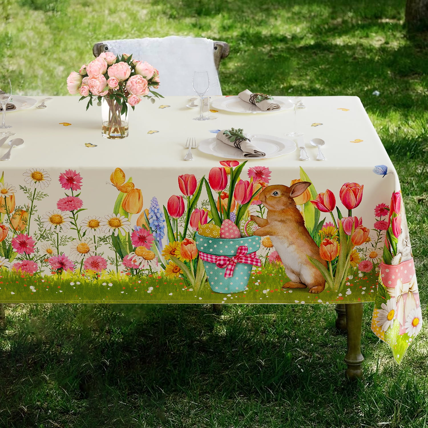Softalker 60x84inch Easter Tablecloth, Rectangular Fabric, Spring Bunny ...