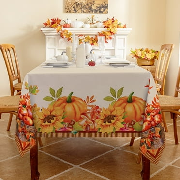 Fall Thanksgiving Double Border Decoration Tablecloth,Turkey & Pumpkin ...