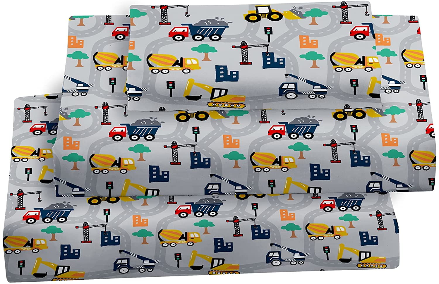 Softan Full Size Kids Bed Sheet Set, 4 PCs Microfiber Excavator Design ...